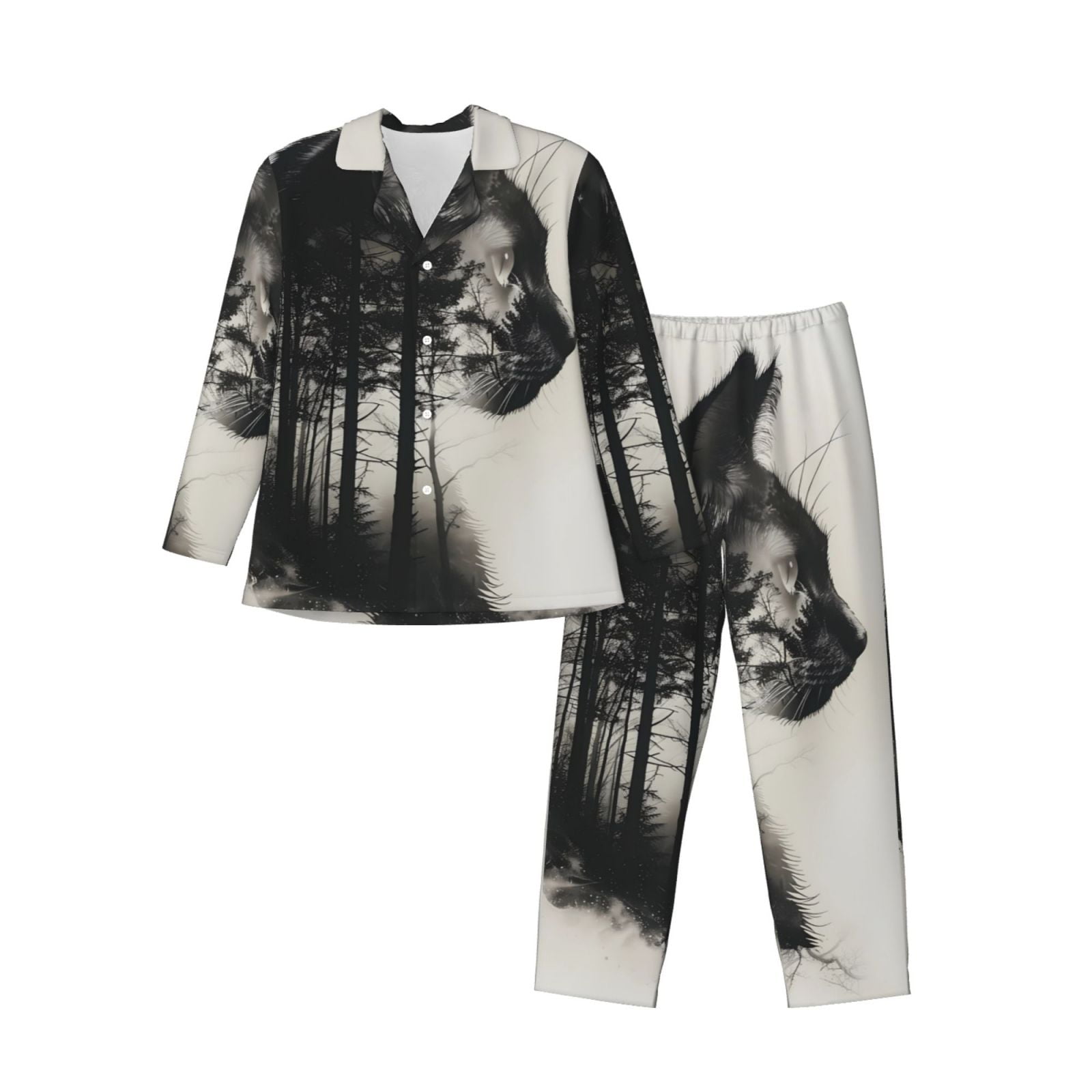 Logiee Double Exposure Cat Forest Print Mens Long Sleeve Pajama Set ...