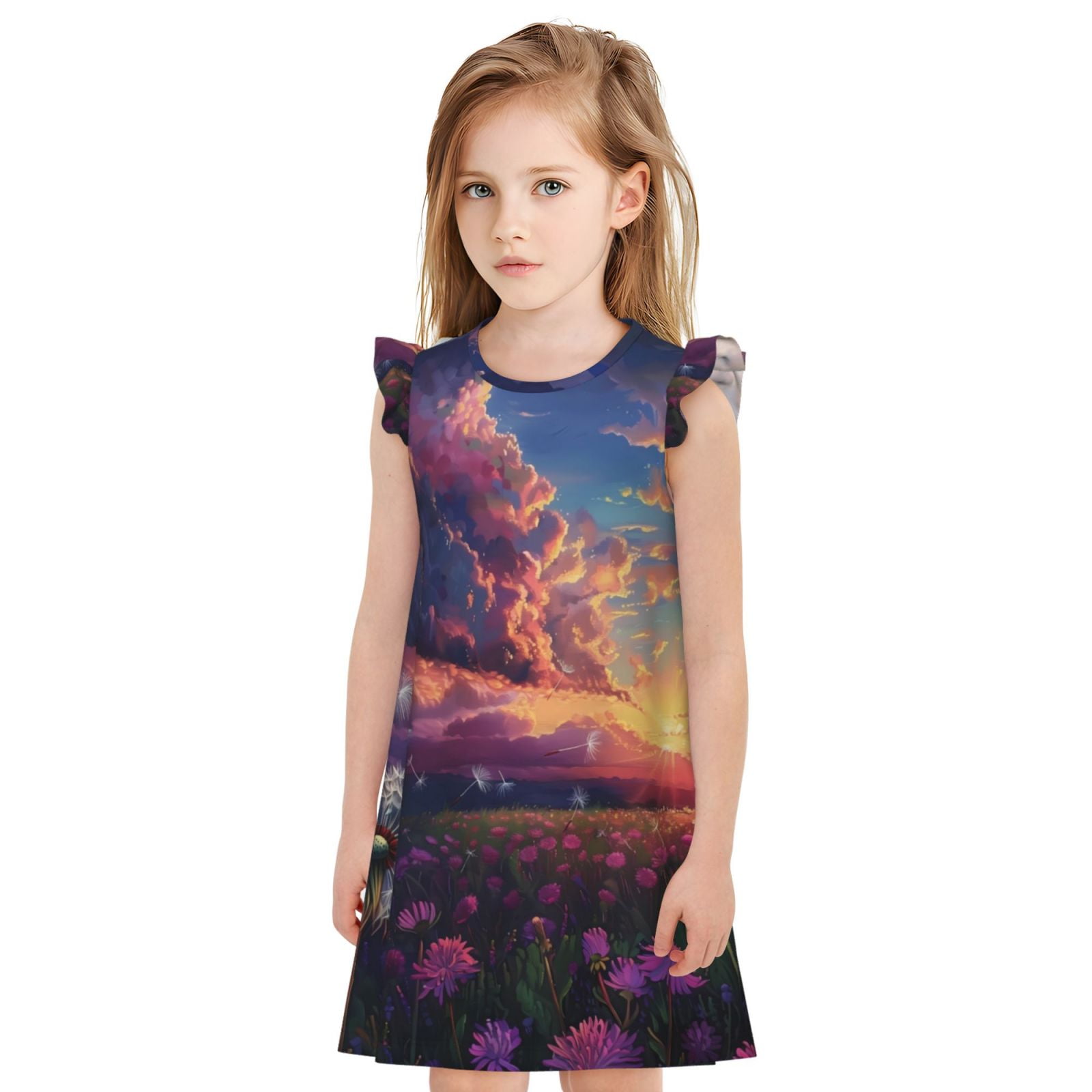 Logiee Dreamy Dandelion Sunset Print Girls Nightgowns,Casual Dress Flutter,Short Sleeves ...