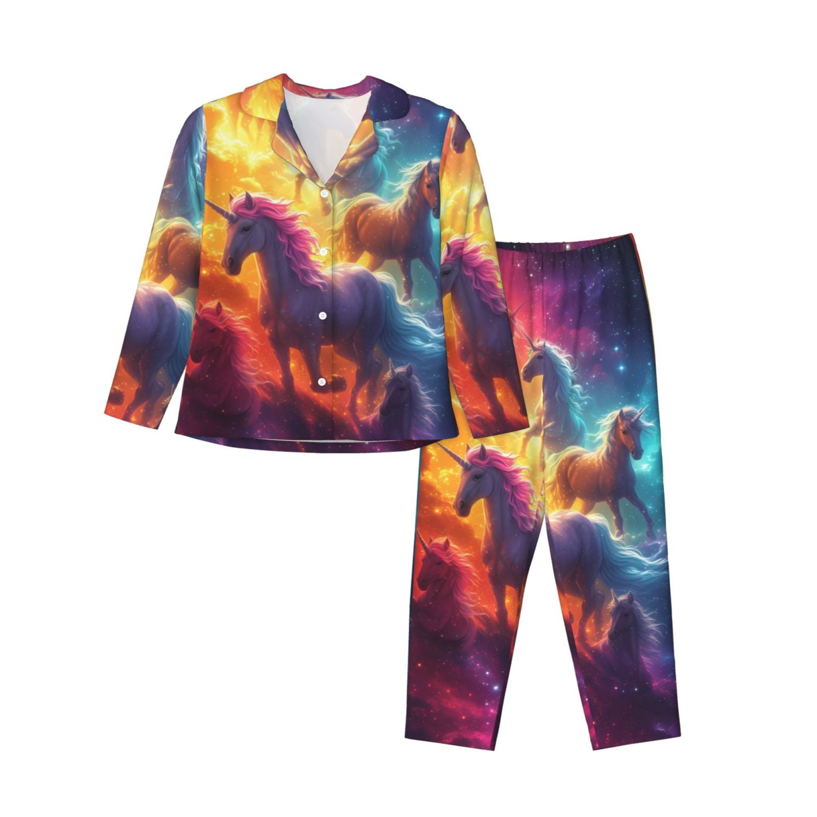 Logiee Dreamy Night Sky White Horse Print Womens Pajamas Set,Long ...