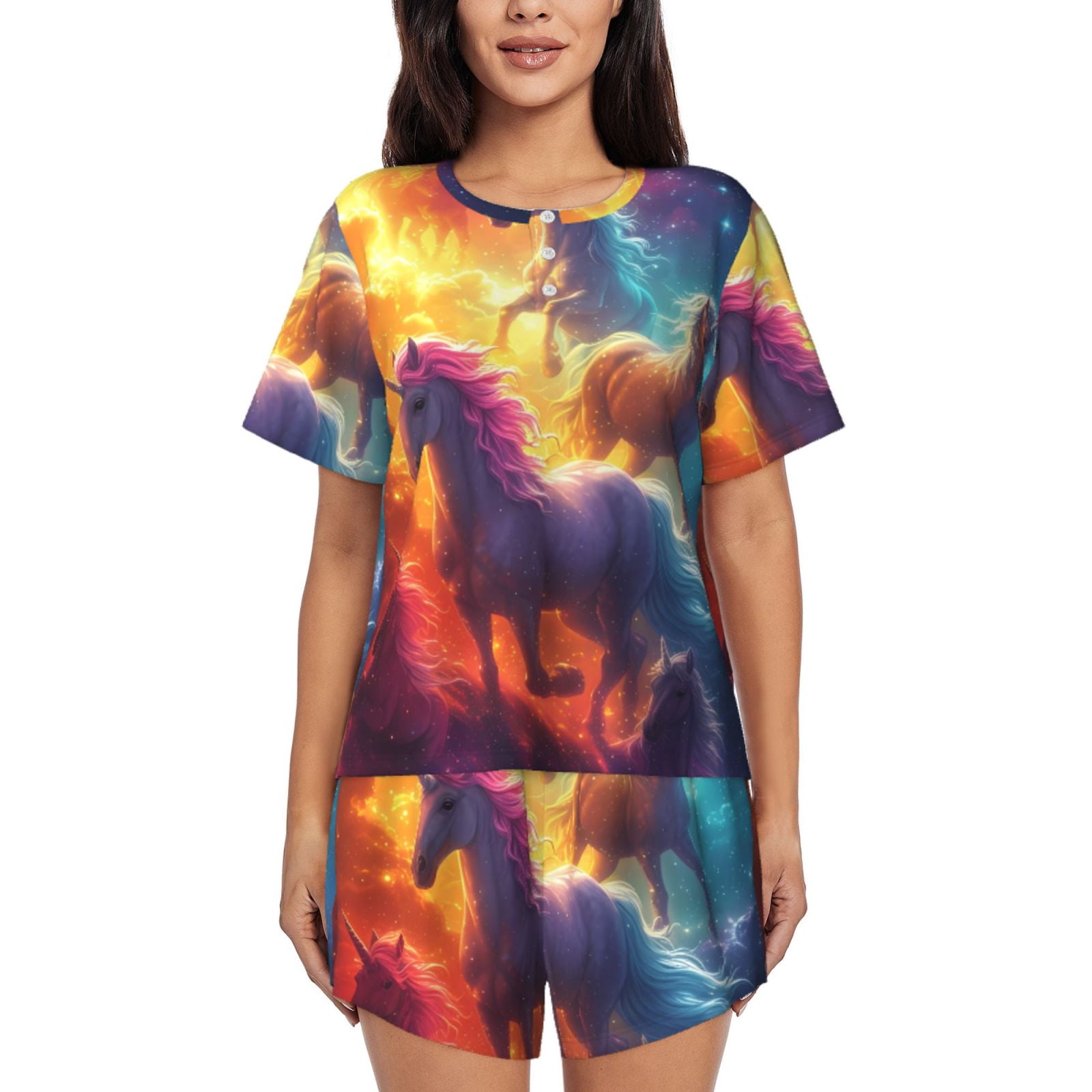 Logiee Dreamy Night Sky White Horse Print Womens Pajamas Set,Short ...