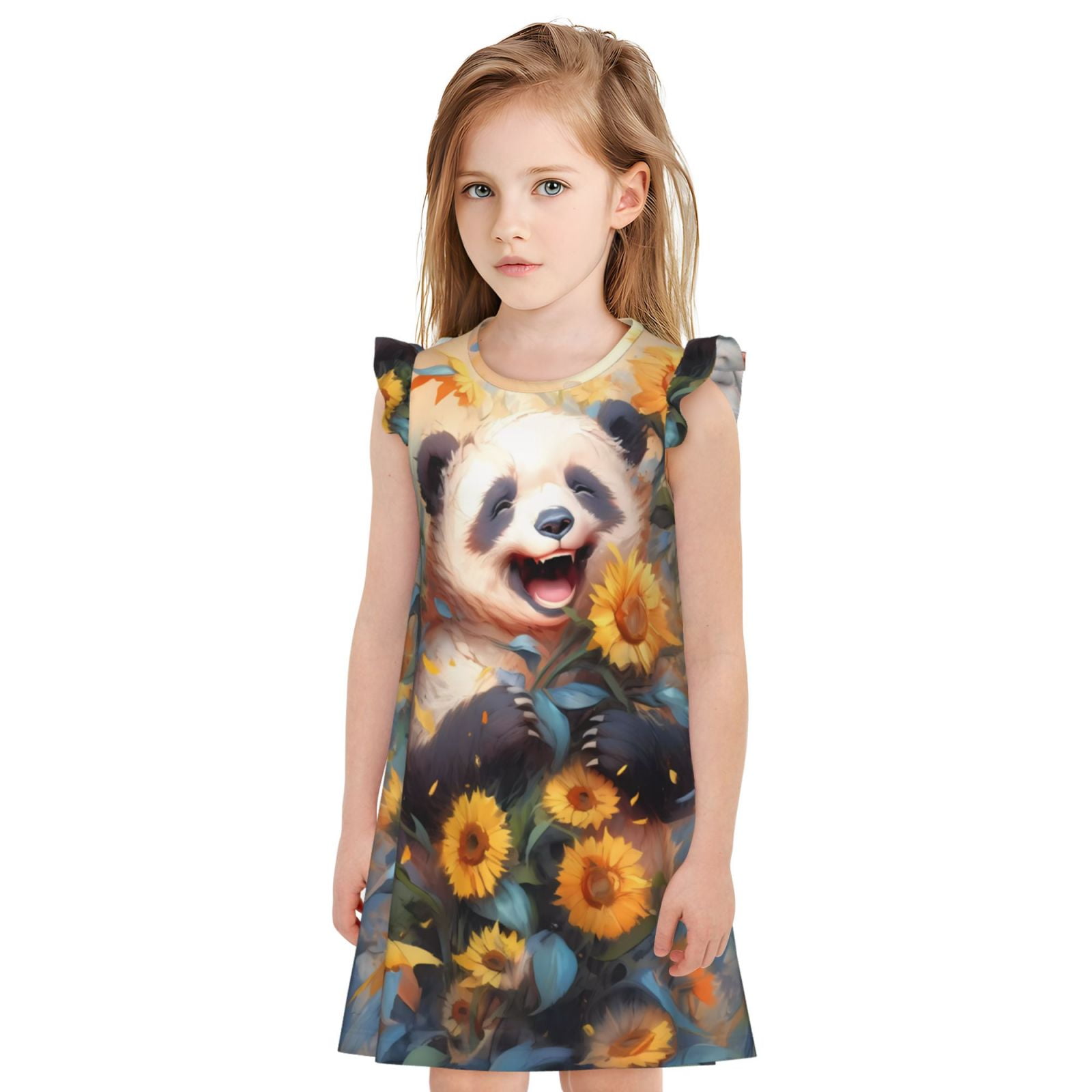Logiee Elegant Cute Panda Sunflower Print Girls Nightgowns,Casual Dress ...