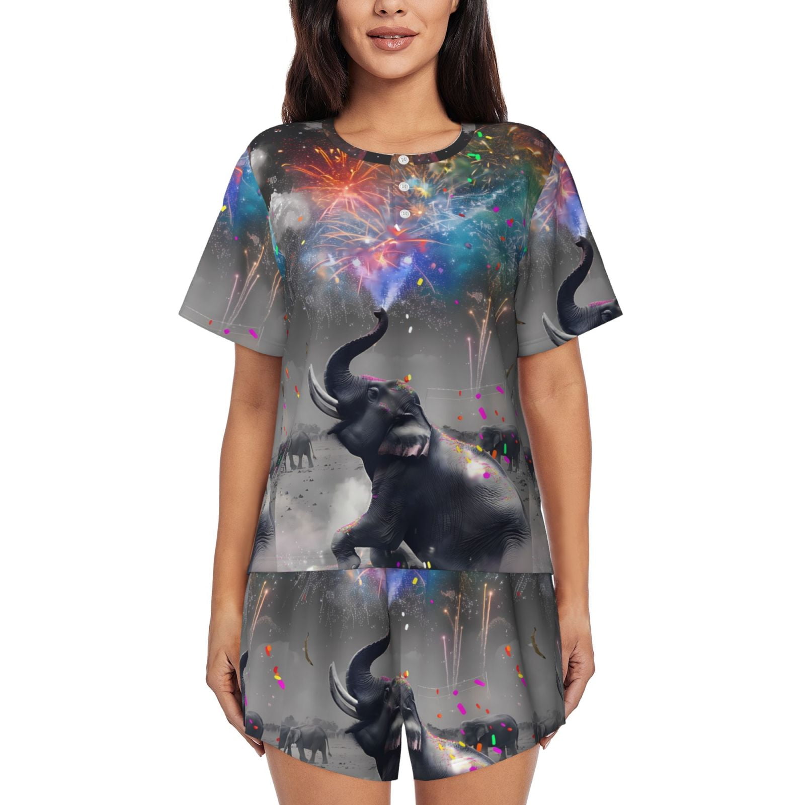 Logiee Elephant Fireworks Celebration Print Womens Pajamas Set,Short ...