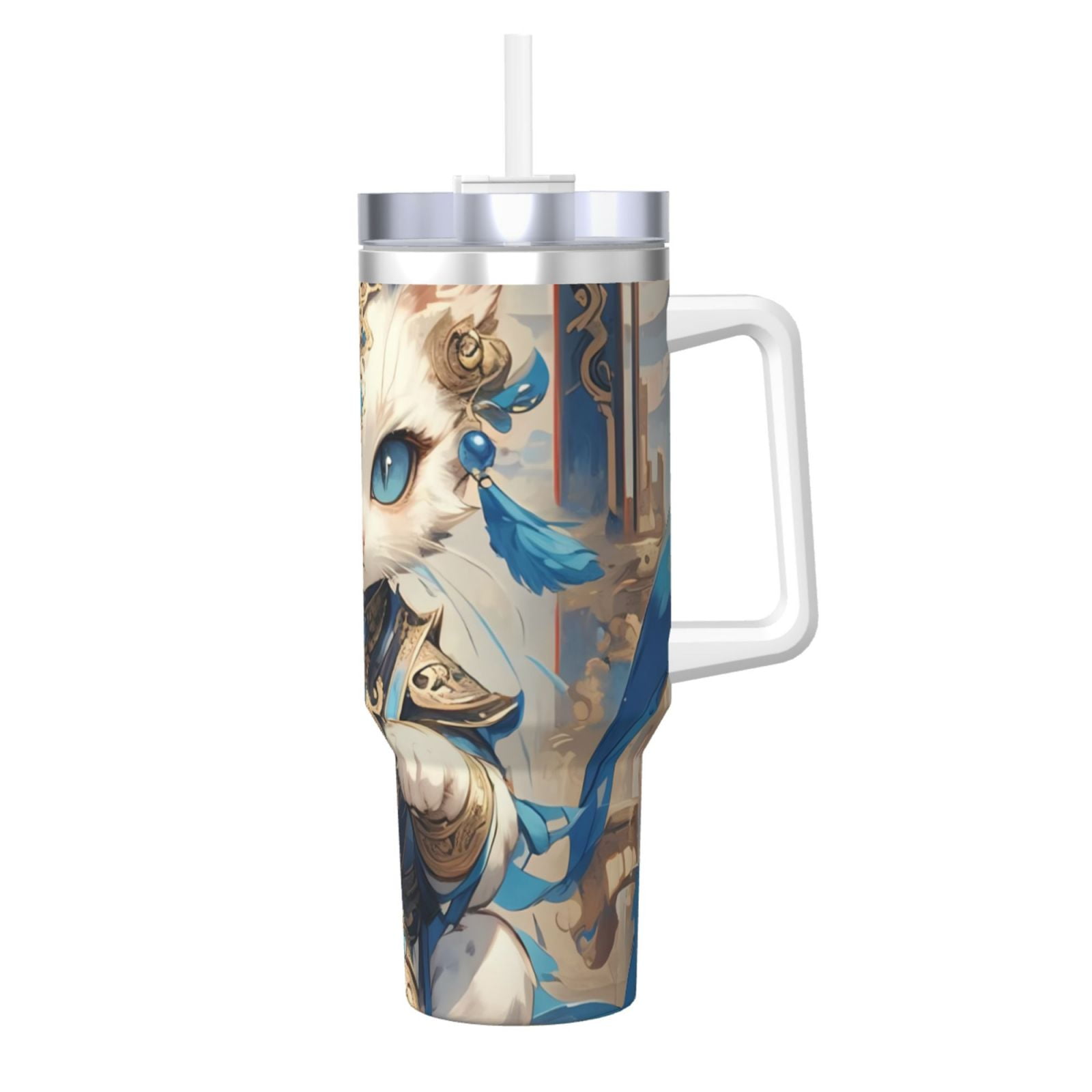 Logiee Exotic Blue Cat Print 40OZ Ice Bully Cup with Handle and Straw ...
