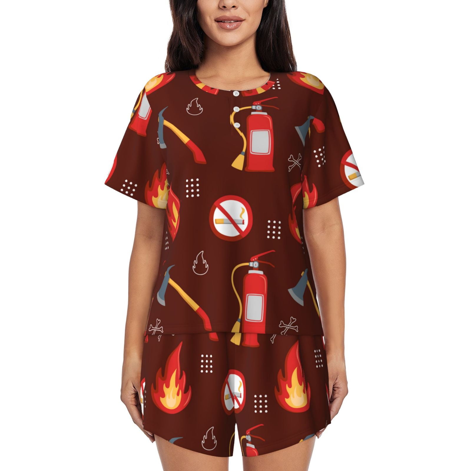 Logiee Fire Extinguisher Print Womens Pajamas Set,Short-Sleeve Pajama 2 ...