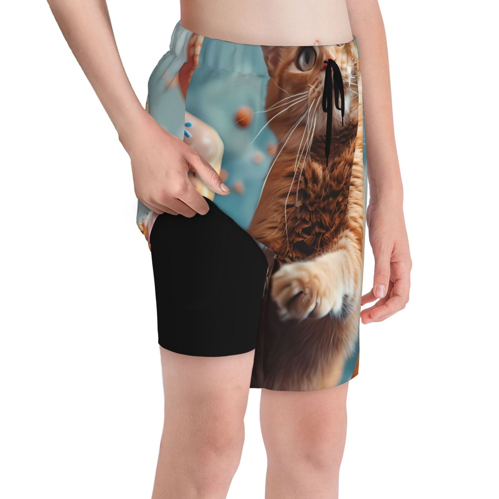 Logiee Floating Cat And Donuts Print Boys Swim Trunks with Compression ...