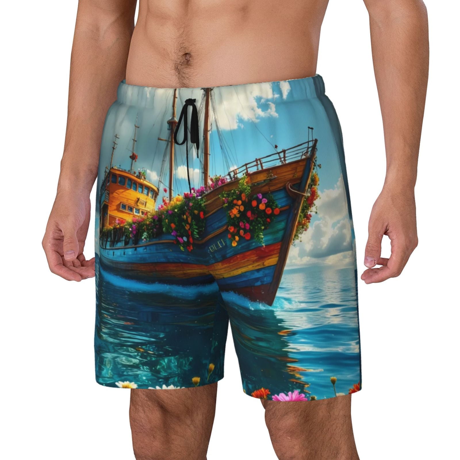 Logiee Floral Ship On Ocean Print Men's Swim Trunk,Quick Dry Board ...