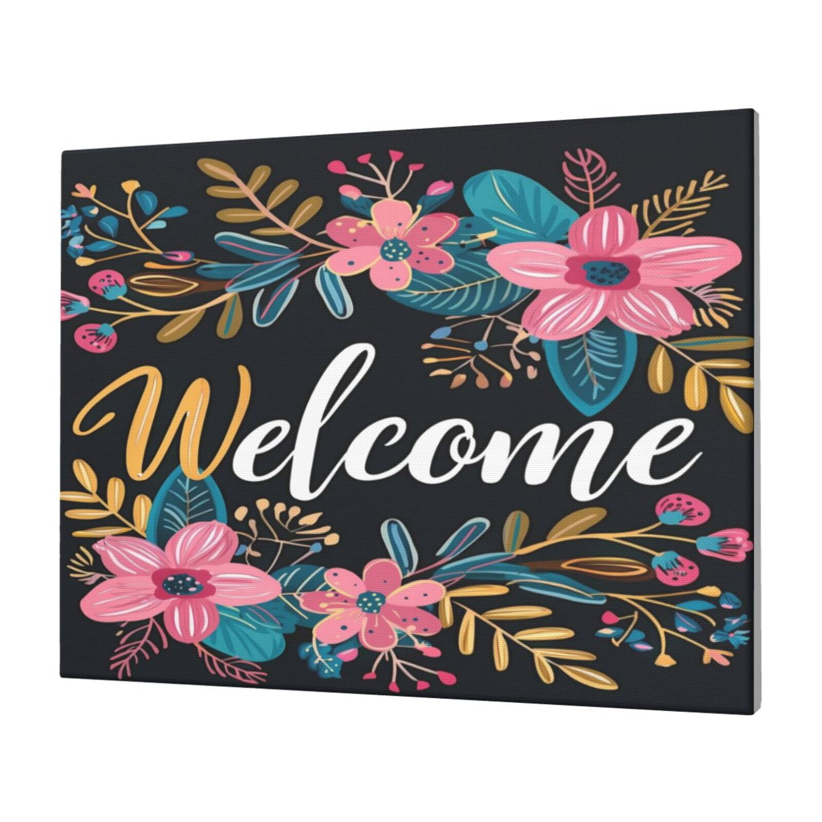 Logiee Floral Welcome Sign Print Canvas Wall Art,Canvas Picture Prints ...