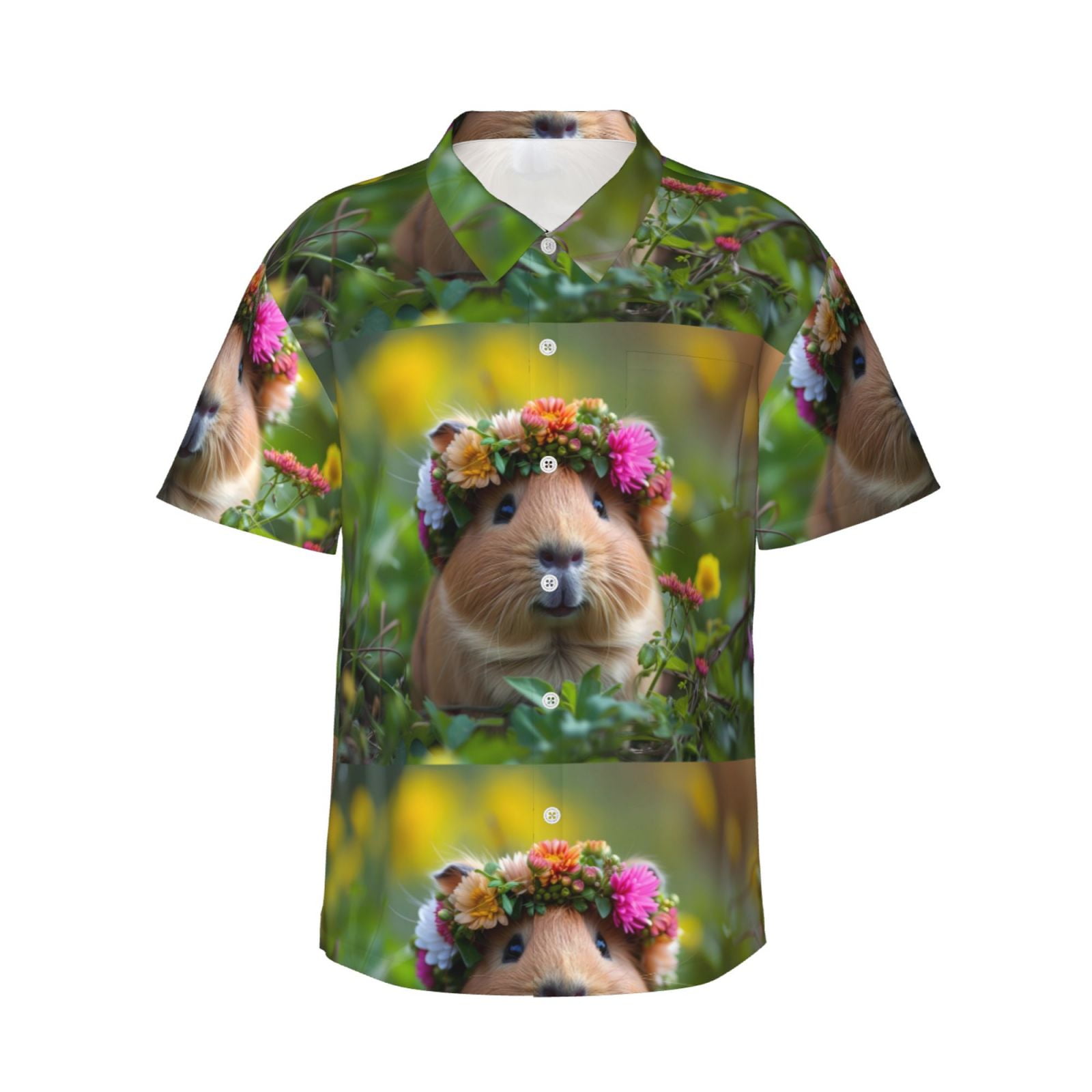 Logiee Flower Crown Guinea Pig Print Mens Hawaiian Shirts,Loose-Fit ...