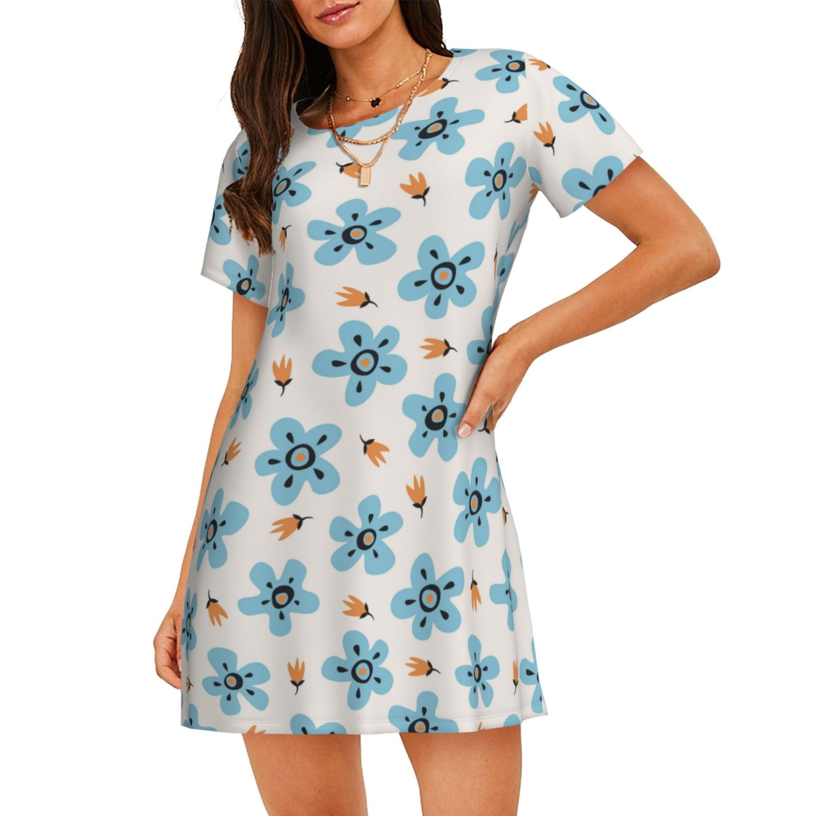 Logiee Flower Leaves Print Nightgowns for Women,Soft Short-Sleeved Lightweight Sleepwear, Loose ...
