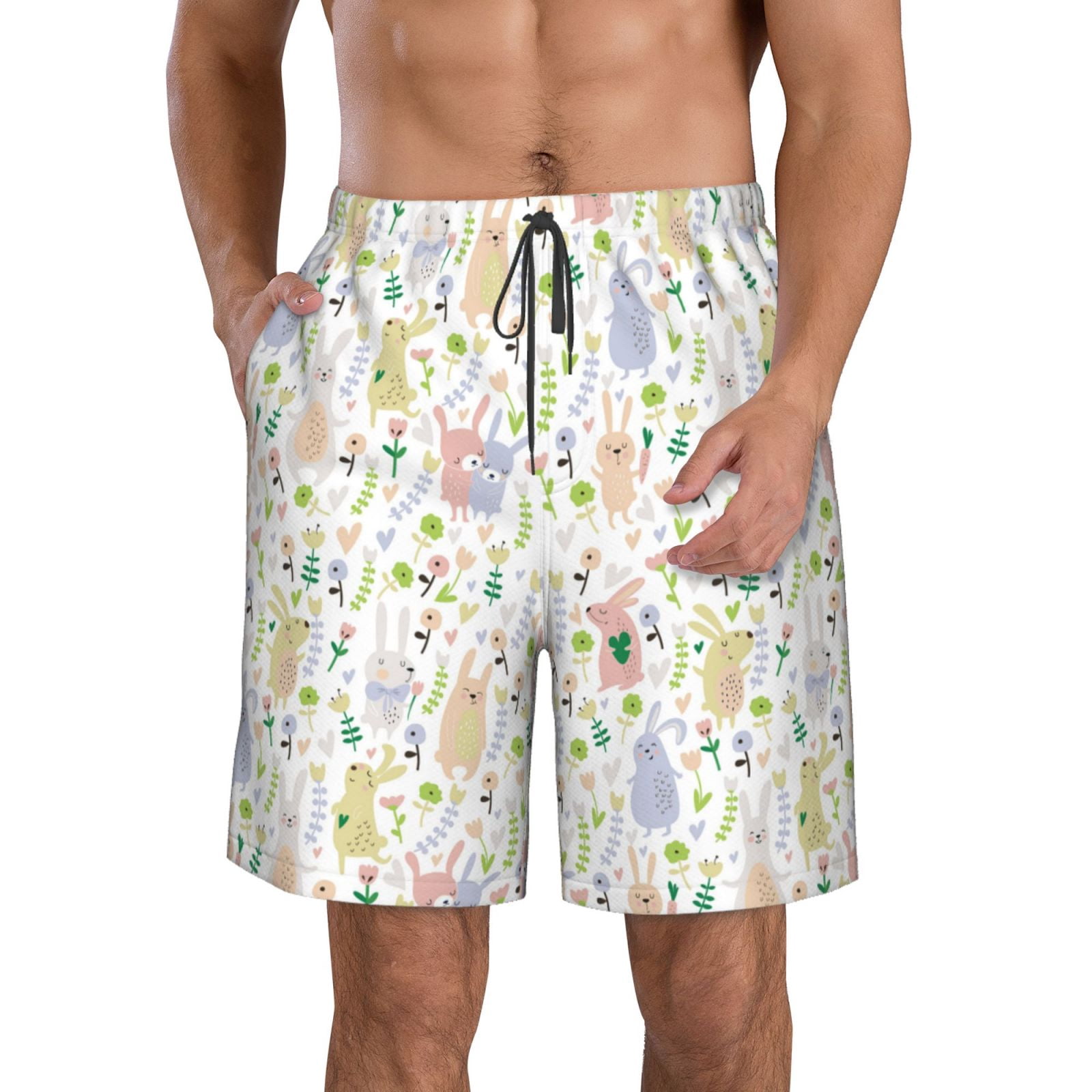 Logiee Flower Rabbit Print Mens Swim Trunks Quick Dry Board Shorts ...