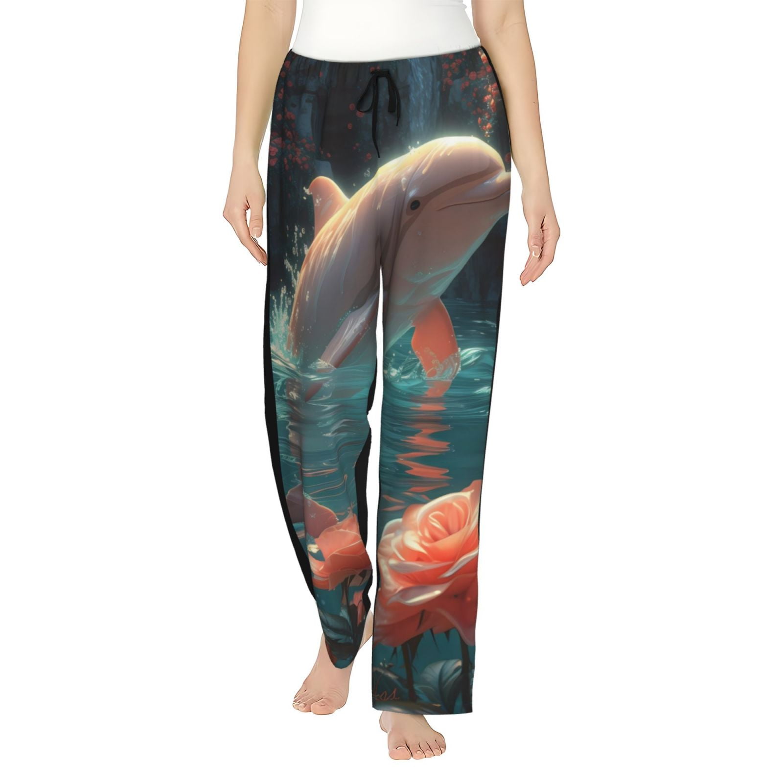 Logiee Flower White Dolphin Print Women Pajama Pants,Comfy Pj Bottom ...
