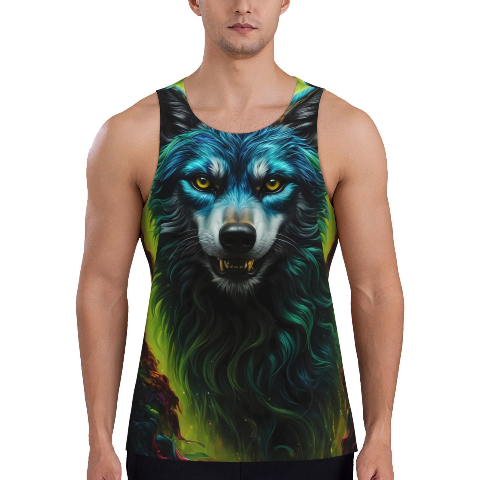 Logiee Fluorescent Wolf Print Men's Workout Tank Top,Quick Dry Workout ...