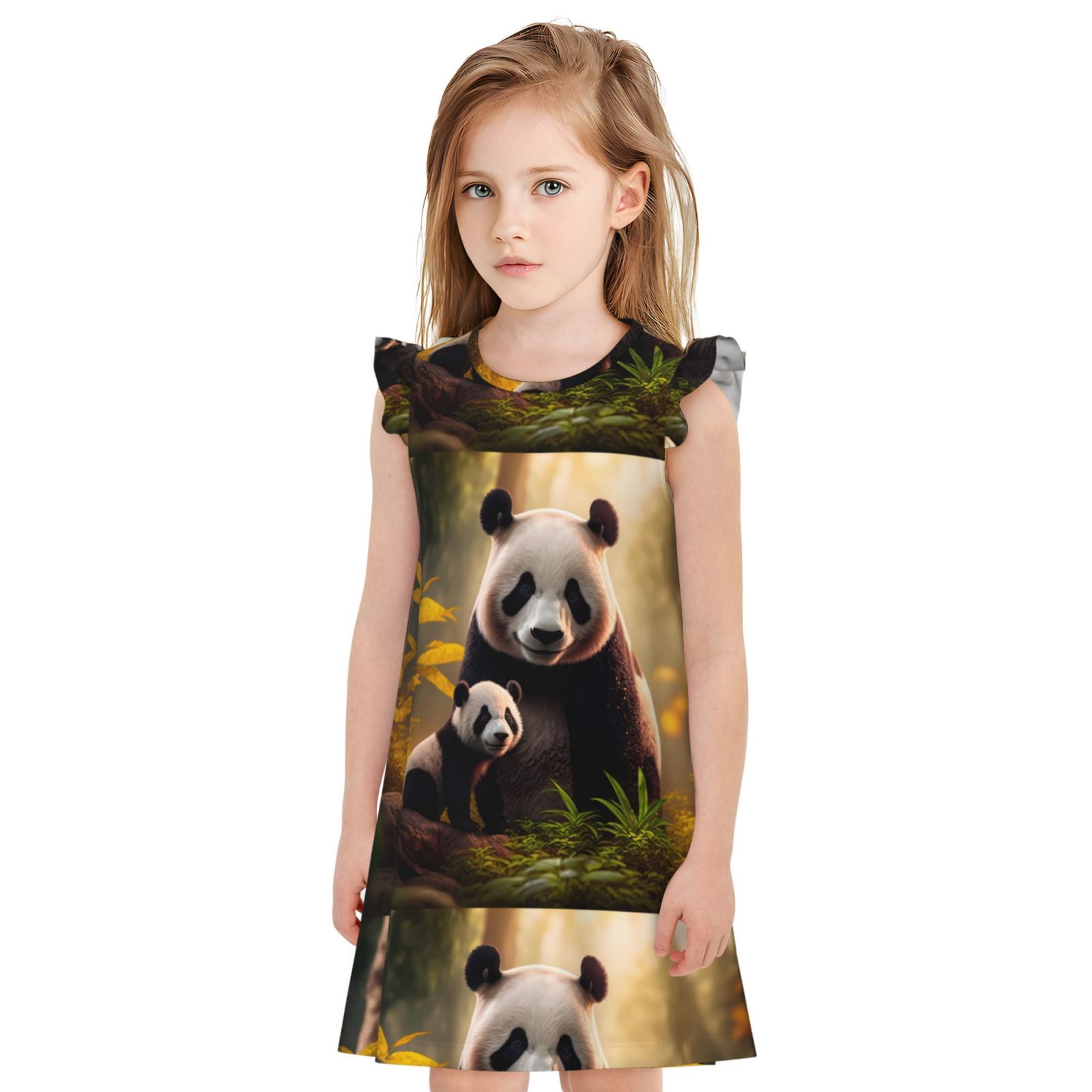 Logiee Forest Panda Print Girls Nightgowns,Casual Dress Flutter,Short Sleeves Nightdress,Girls's ...