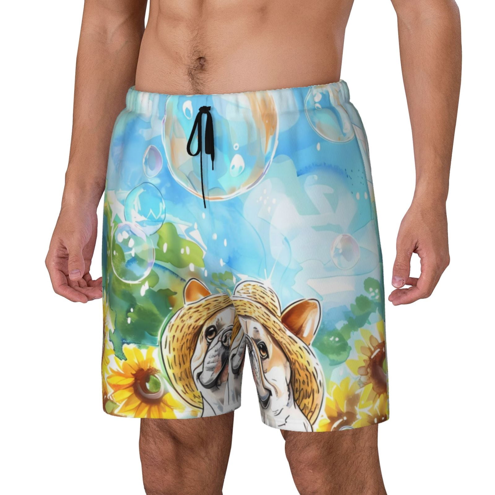 Logiee French Bulldog Sunflowers Bubbles Print Men's Swim Trunk,Quick ...
