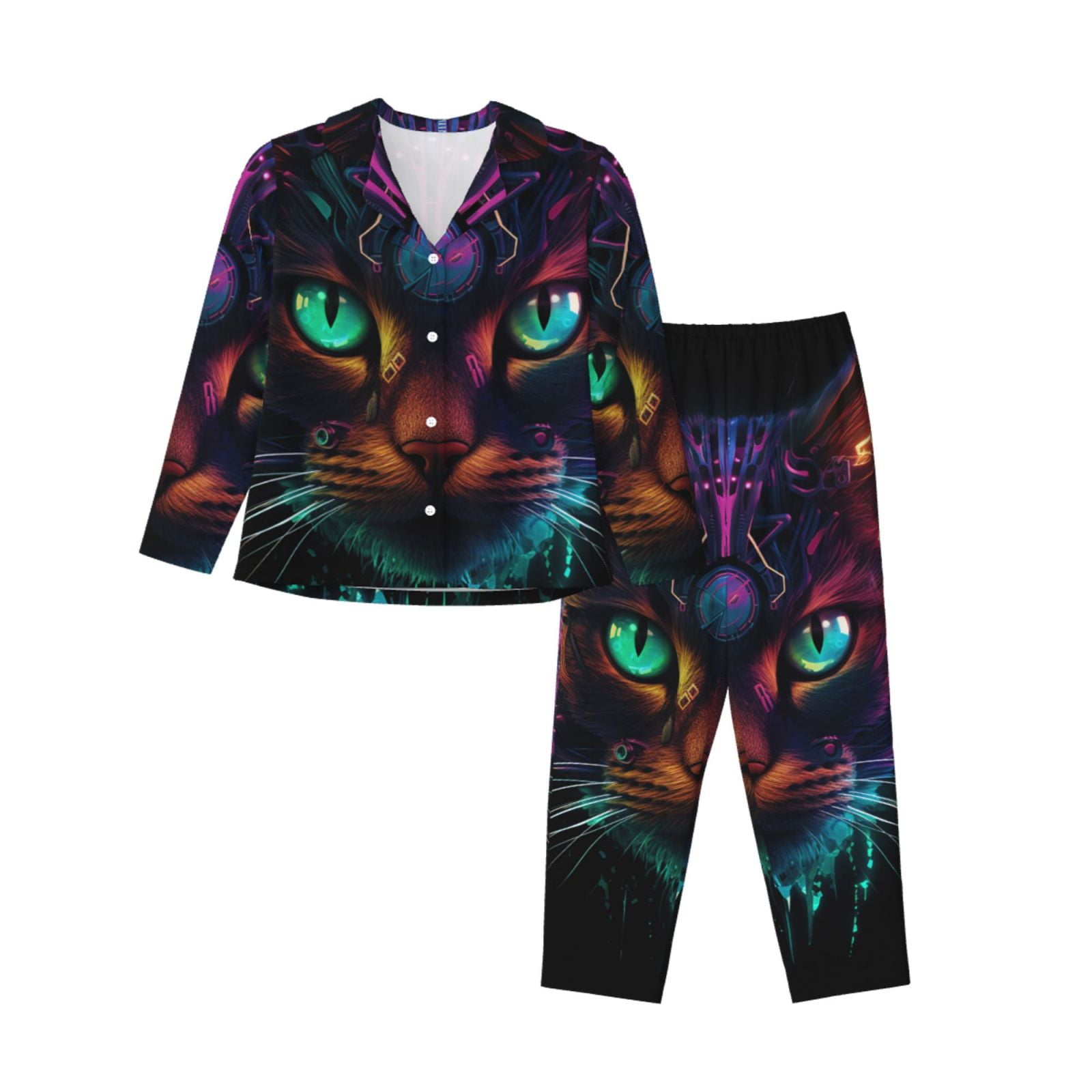 Logiee Futuristic Cat Warrior Print Womens Pajamas Set,Long Sleeve ...