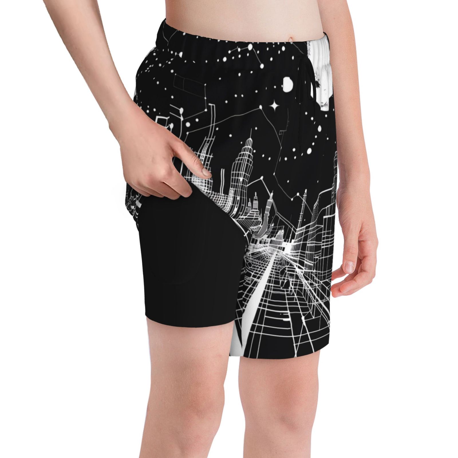 Logiee Futuristic Moonlit Cityscape Print Boys Swim Trunks with ...