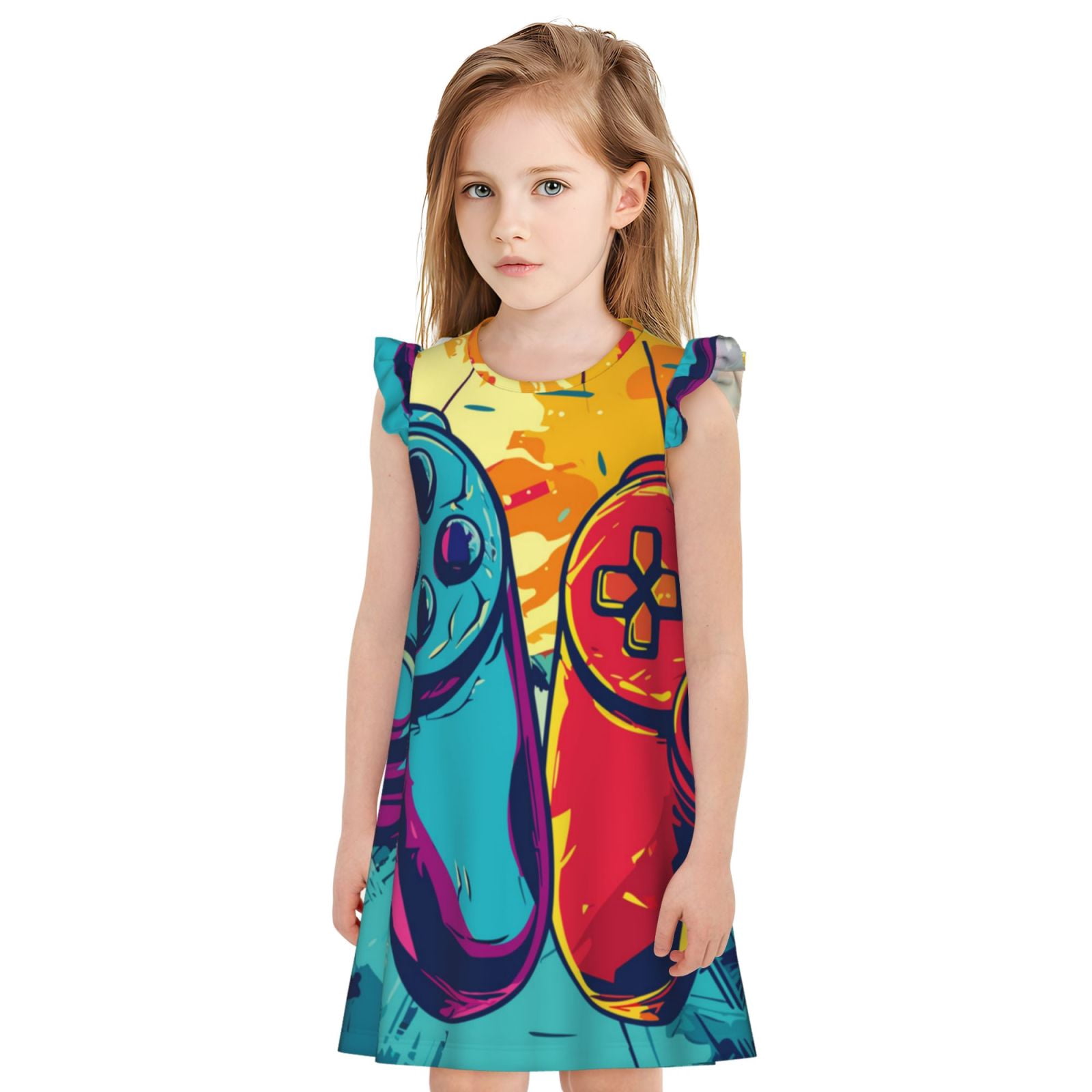 Logiee Gaming Print Girls Nightgowns,Casual Dress Flutter,Short Sleeves ...