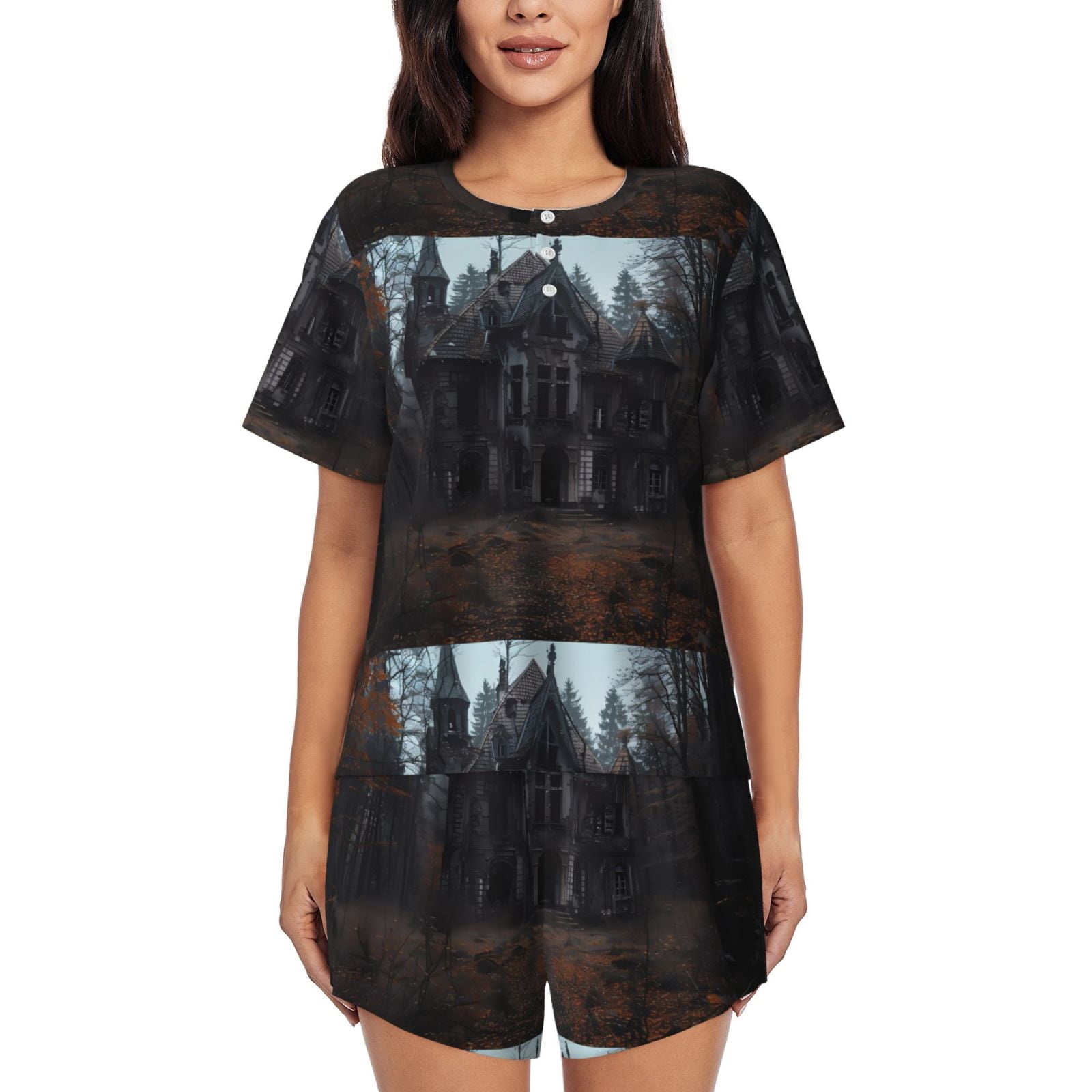 Logiee Gloomy Mansion Forest Scene Print Womens Pajamas Set,Short ...