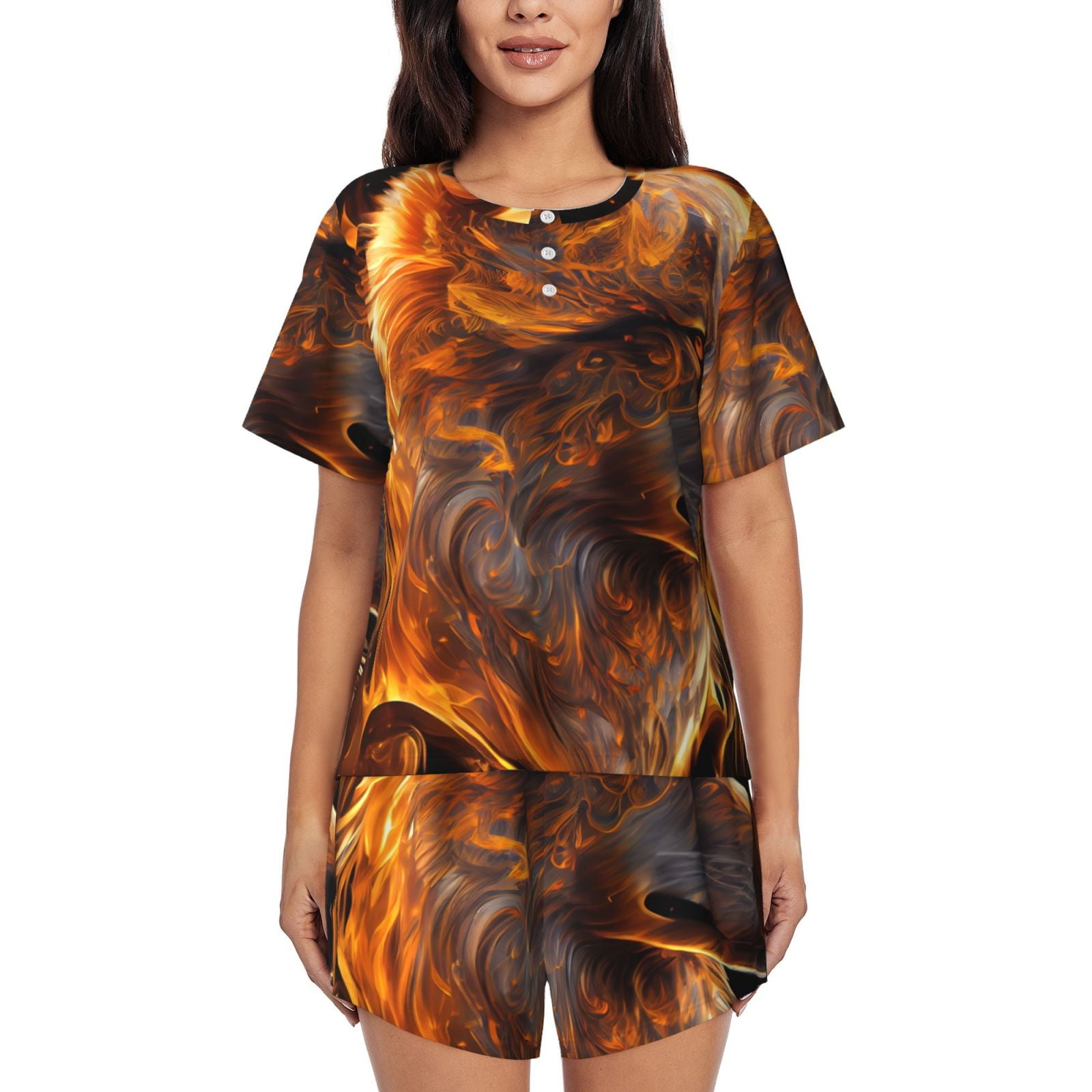 Logiee Gold Flame Pattern Wolf Print Womens Pajamas Set,Short-Sleeve ...