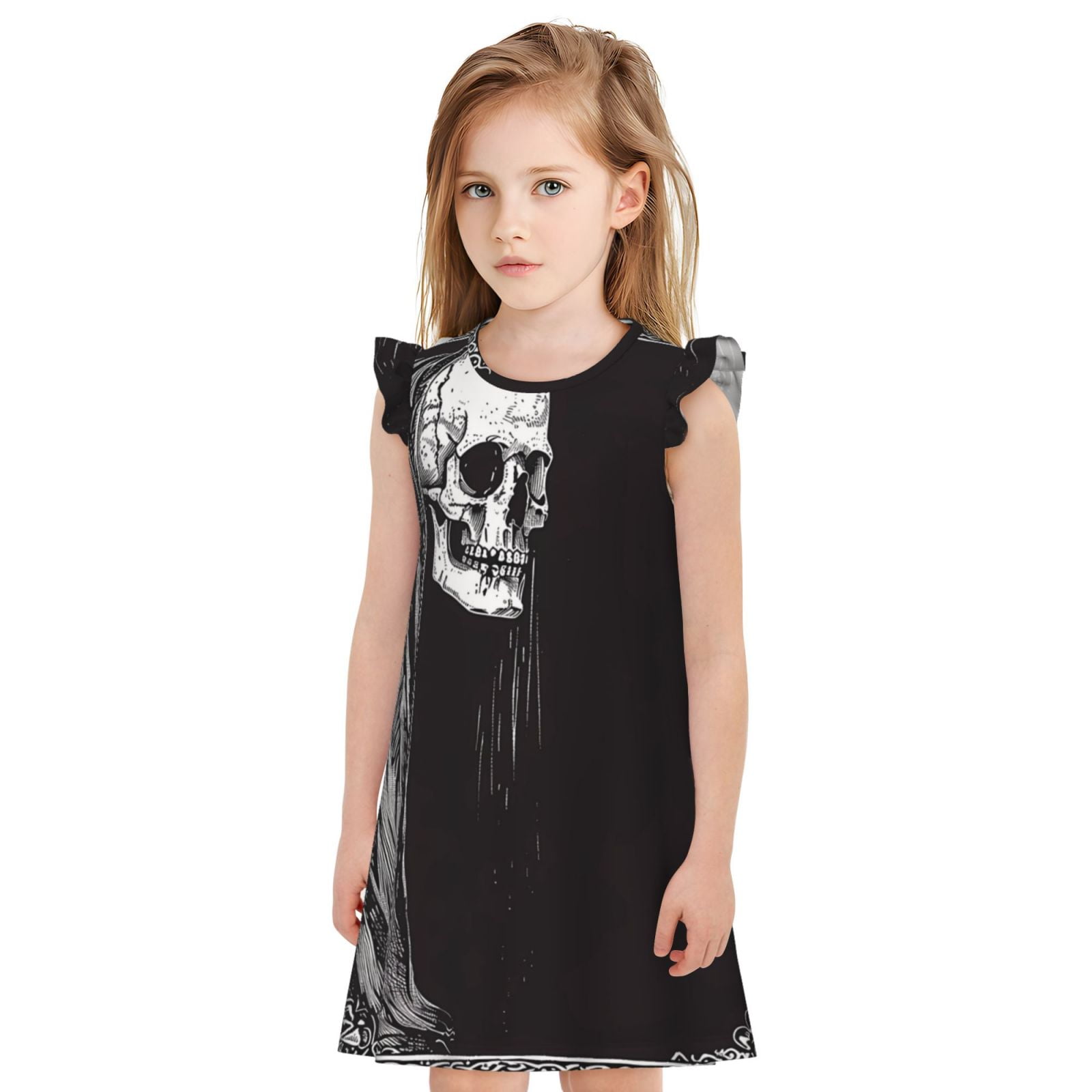 Logiee Gothic Skull Drape Print Girls Nightgowns,Casual Dress Flutter ...