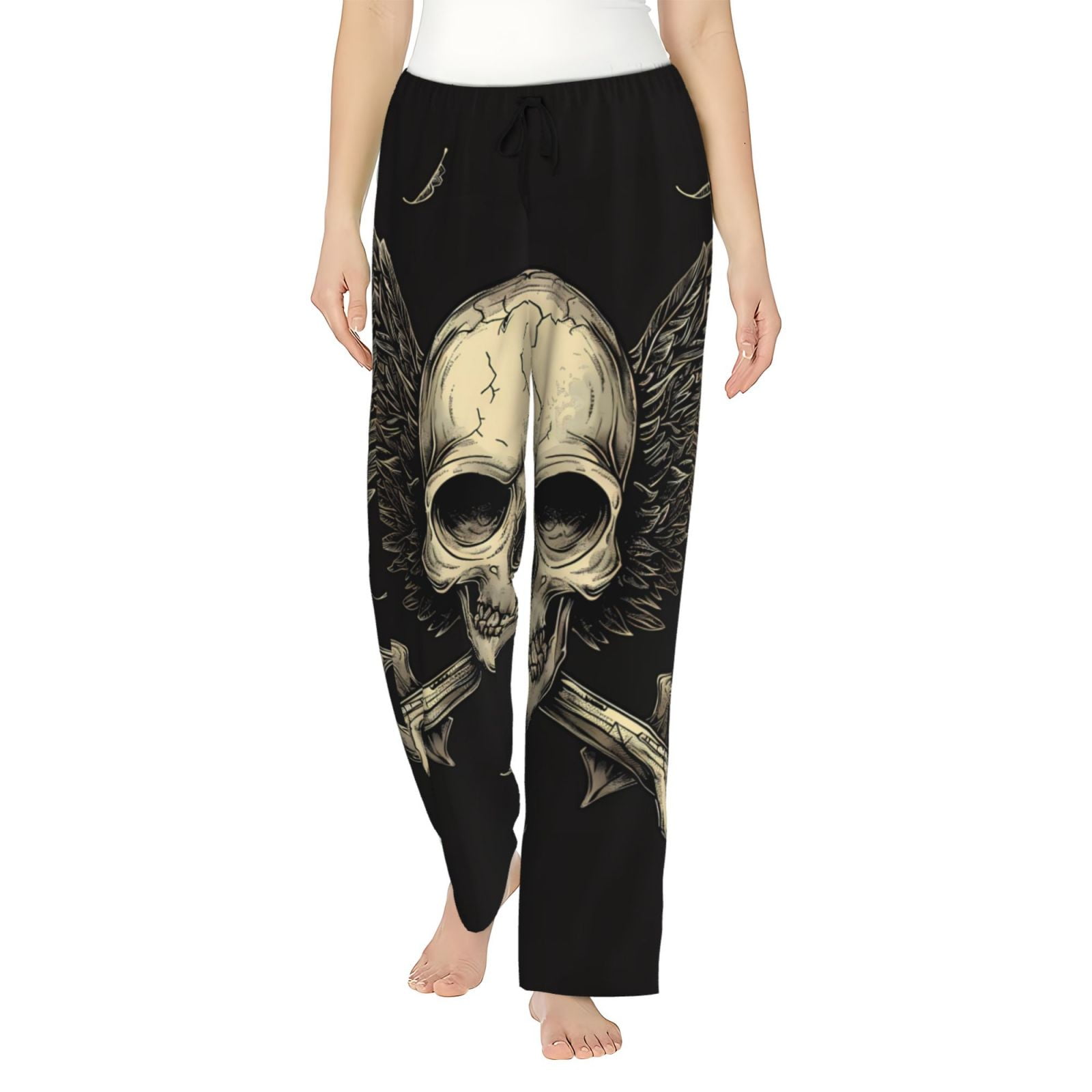 Logiee Gothic Winged Skull Print Women Pajama Pants,Comfy Pj Bottom ...