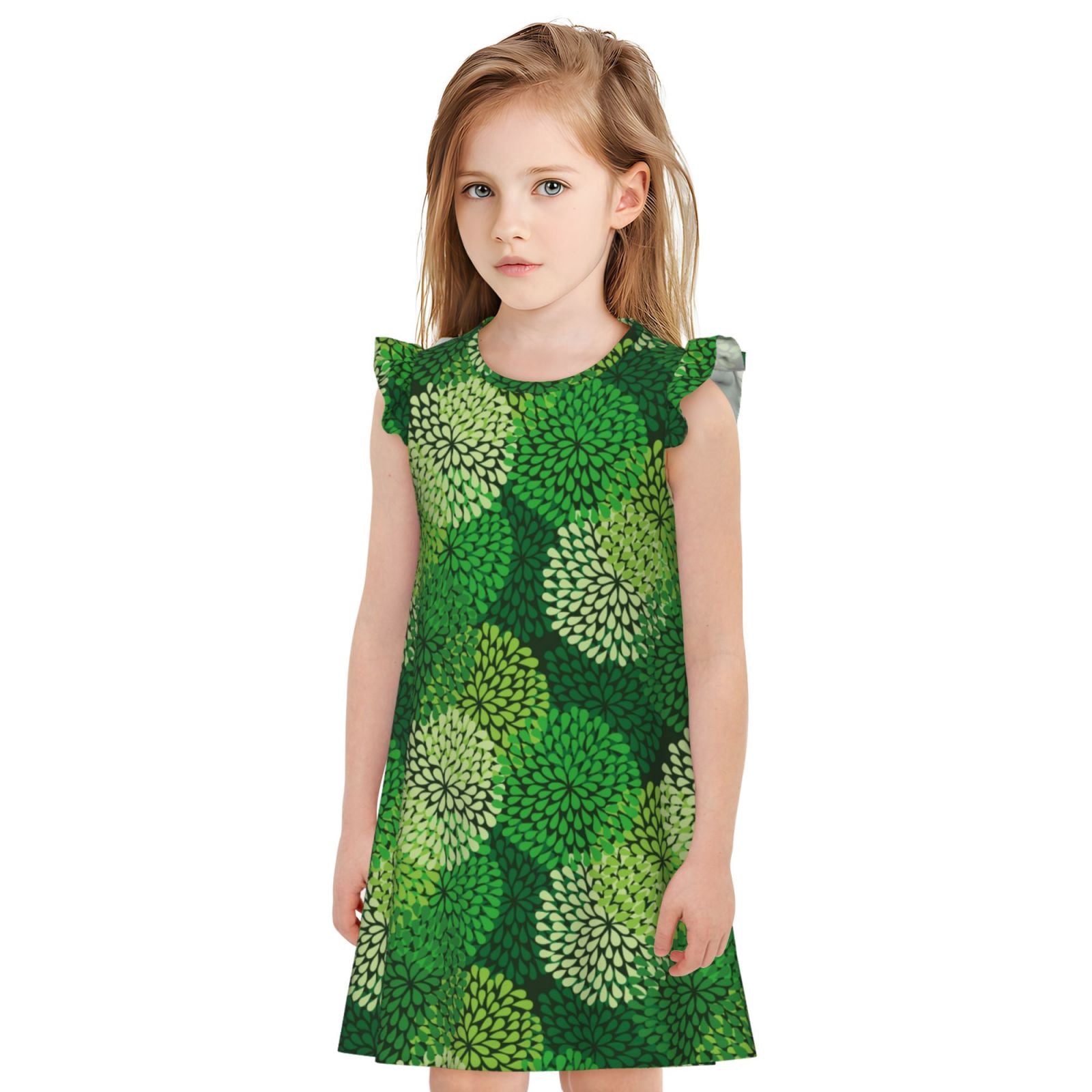 Logiee Green Flower Print Girls Nightgowns,Casual Dress Flutter,Short ...