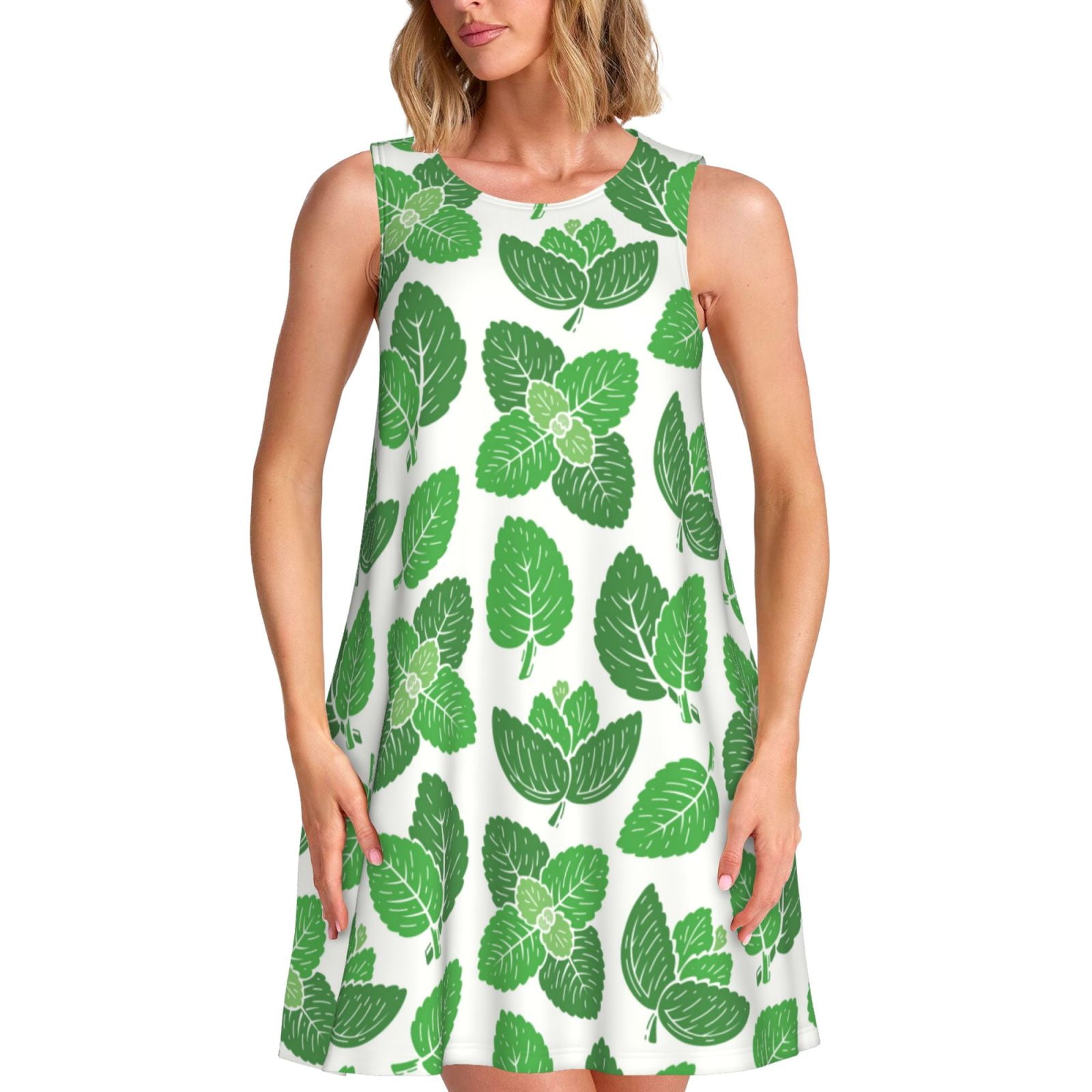 Logiee Green Leaves Print Summer Dresses for Women,Beach Sleeveless ...