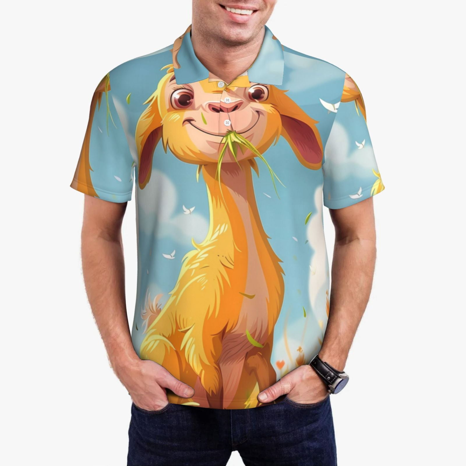 Logiee Happy Goat In Meadow Print Mens Polo Shirts,Mens Golf Polo ...
