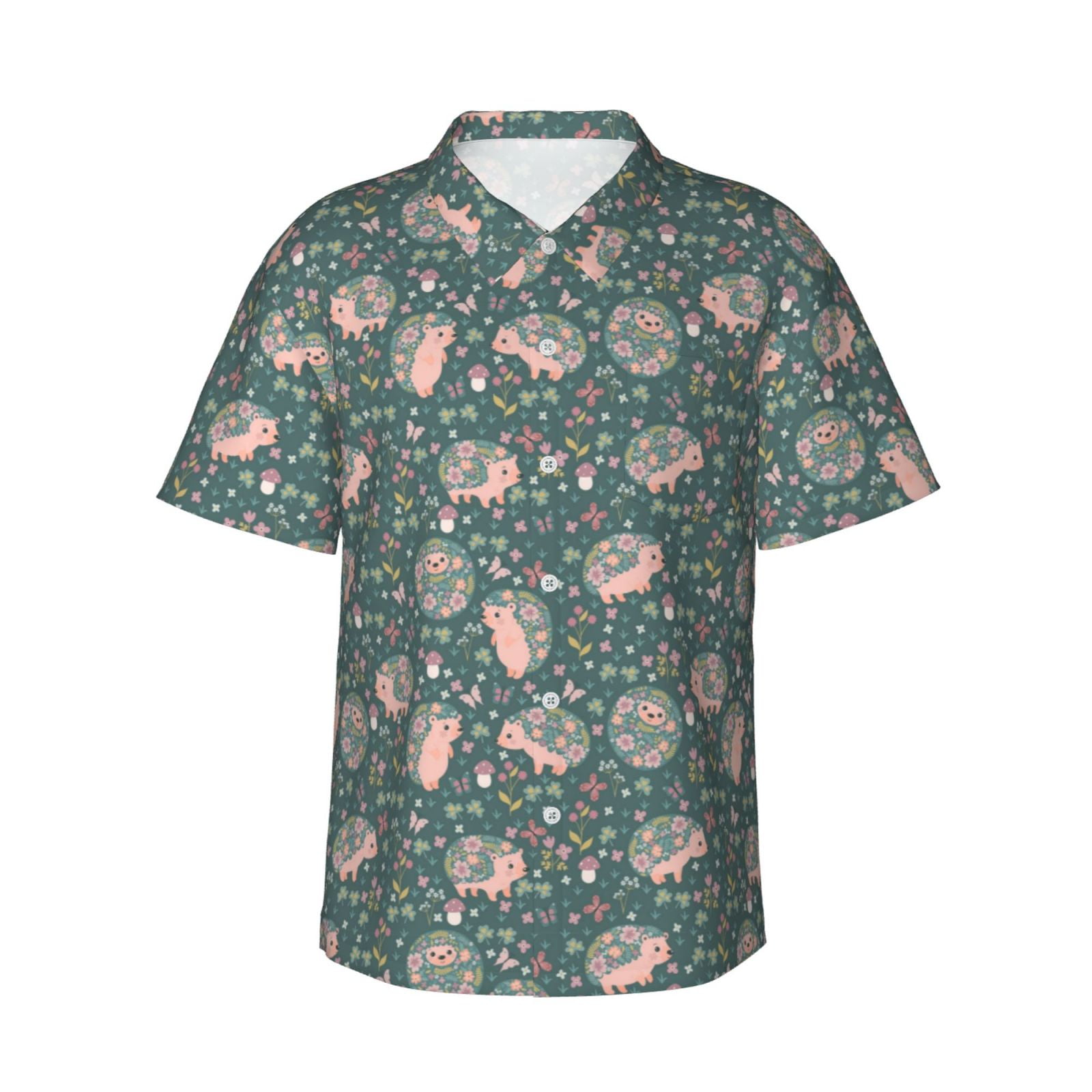 Logiee Hedgehogs and Flowers Print Mens Hawaiian Shirts,Loose-Fit Short ...