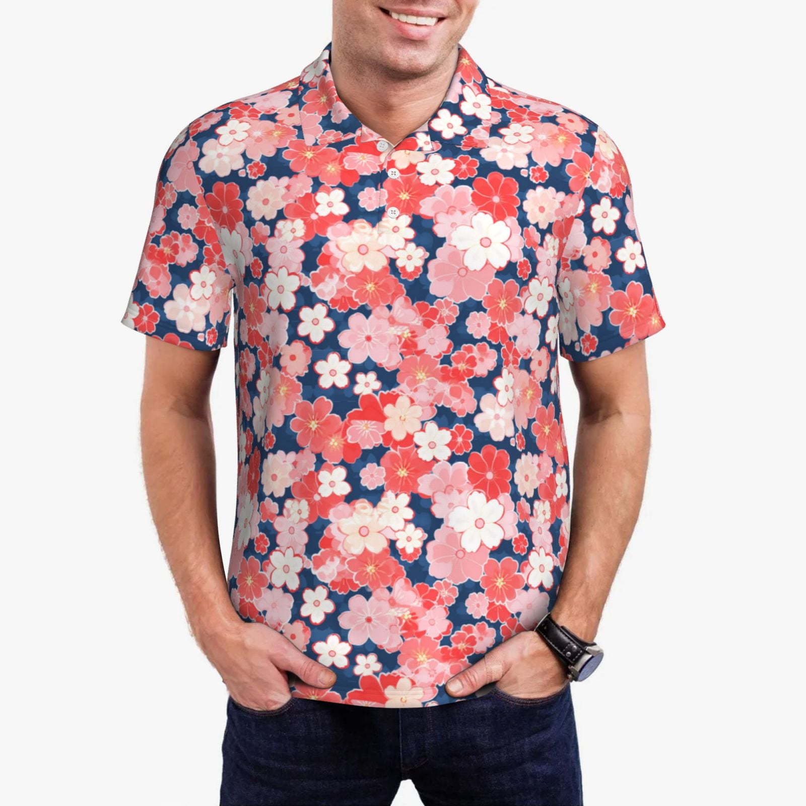 Logiee Japanese Cherry Blossoms Print Mens Polo Shirts,Mens Golf Polo ...
