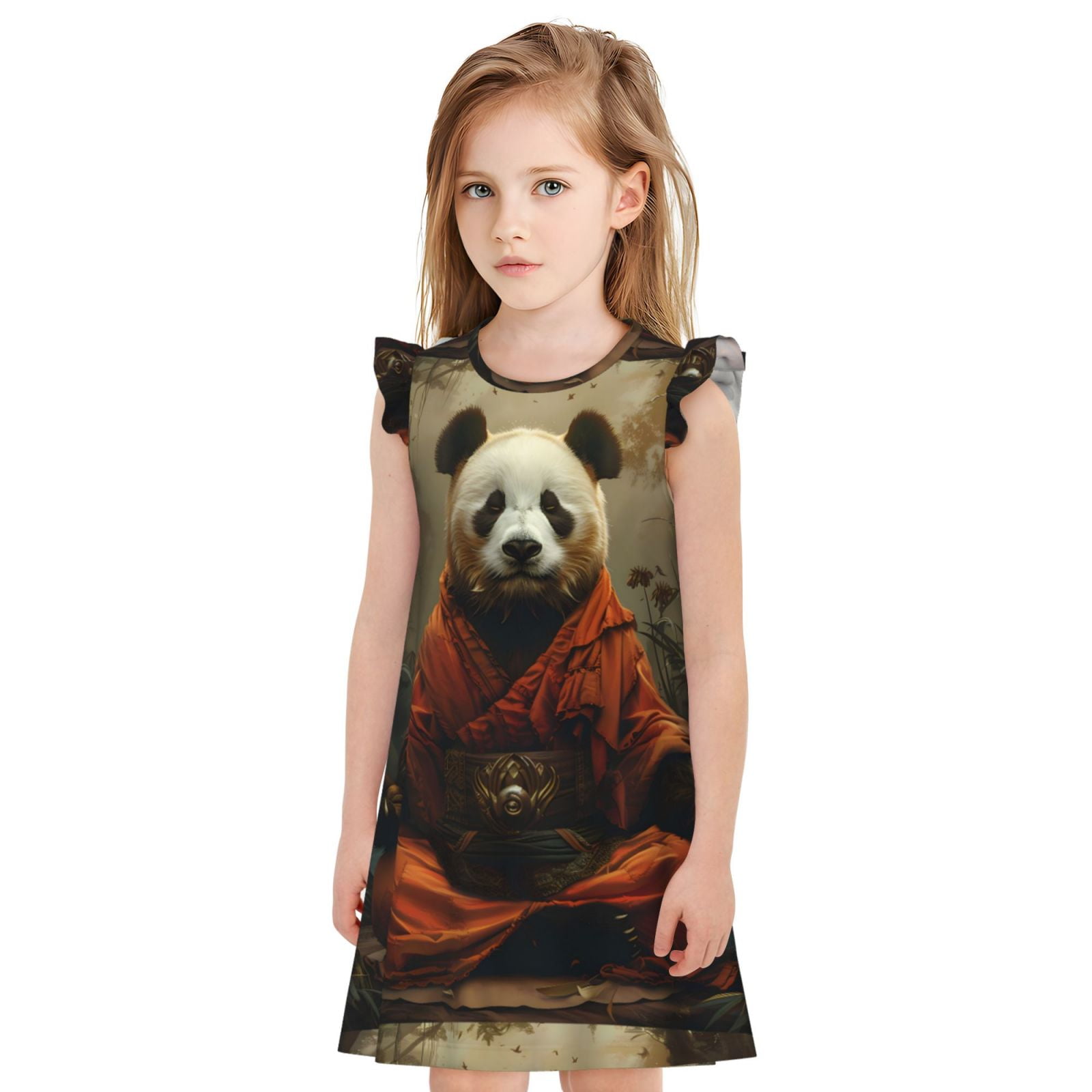 Logiee Jungle Meditating Panda Print Girls Nightgowns,Casual Dress Flutter,Short Sleeves ...