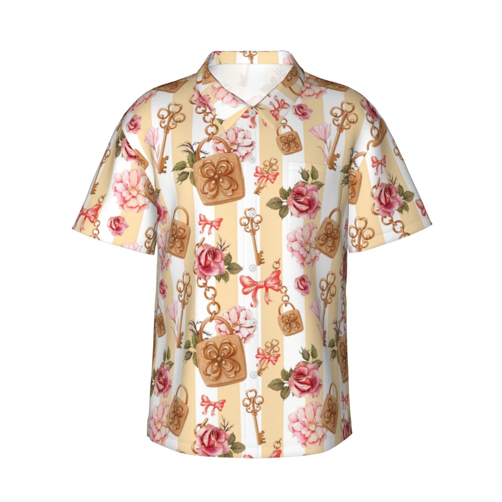 Logiee Key Lock And Flowers Print Mens Hawaiian Shirts,Loose-Fit Short ...