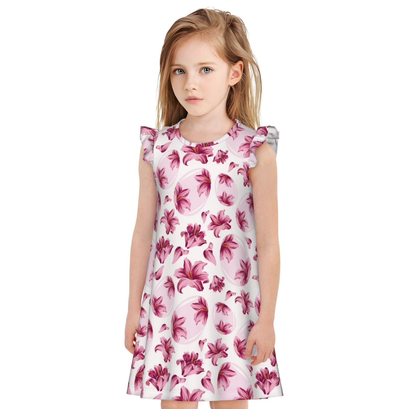 Logiee Lilies Flowers Print Girls Nightgowns,Casual Dress Flutter,Short ...