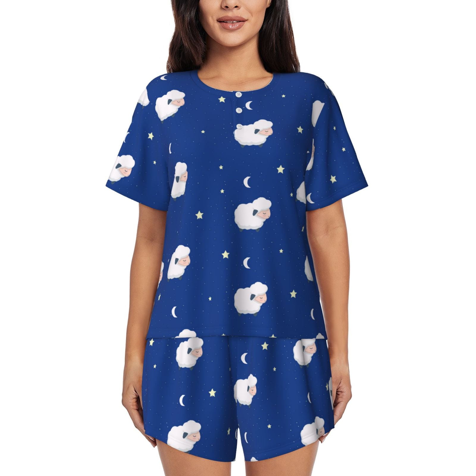Logiee Moon Lamb Print Womens Pajamas Set,Short-Sleeve Pajama 2 Piece ...