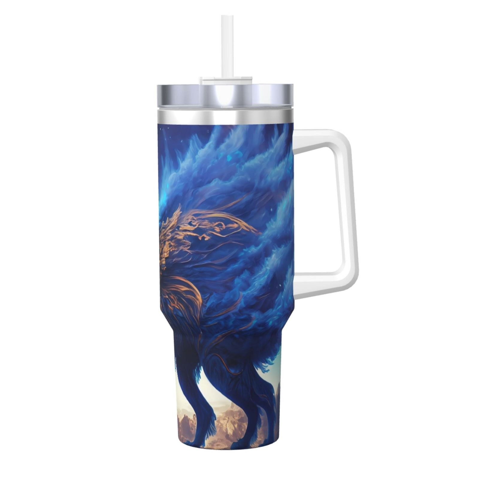 Logiee Moonlit Blue Wolf Print 40OZ Ice Bully Cup with Handle and Straw ...