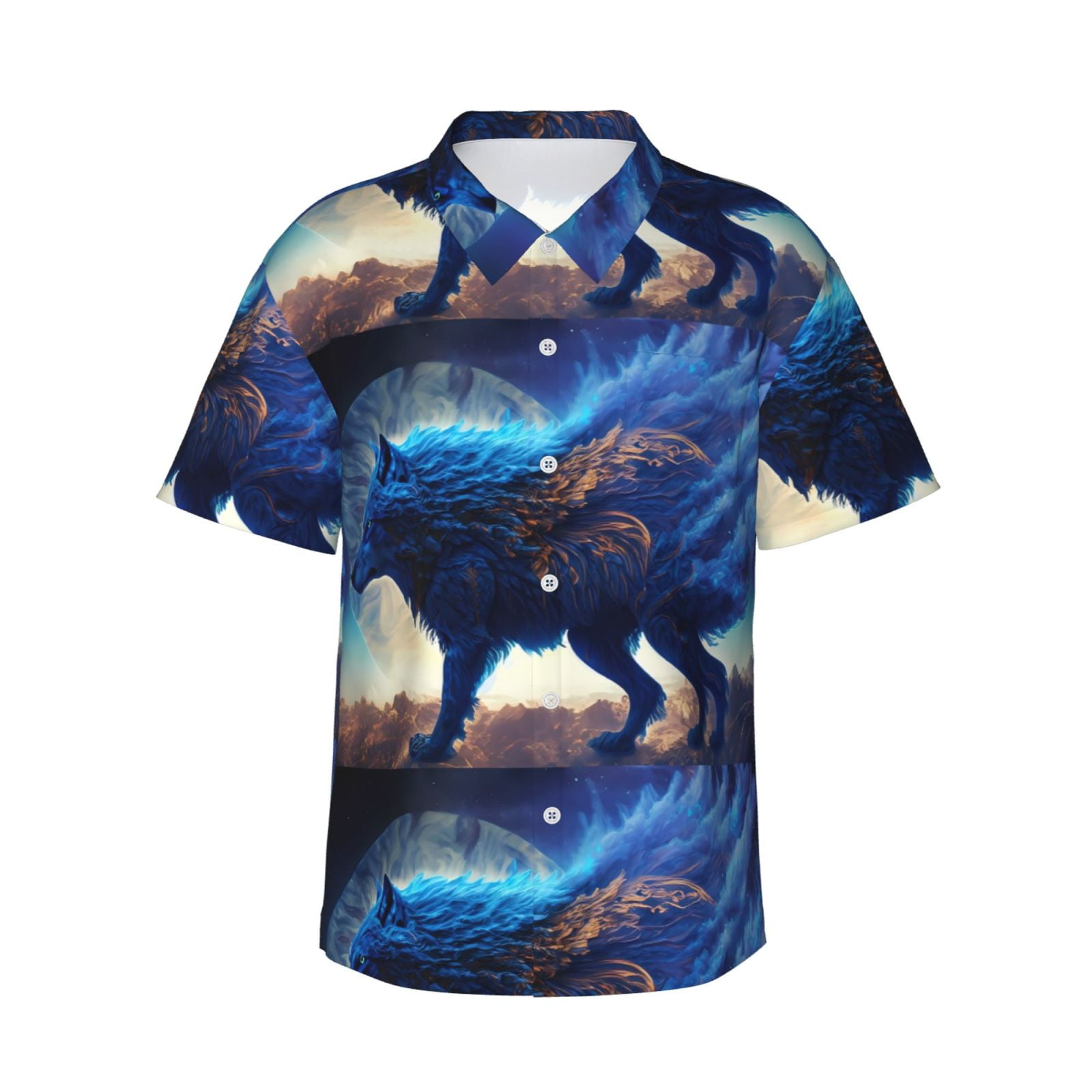 Logiee Moonlit Blue Wolf Print Mens Hawaiian Shirts,Loose-Fit Short ...
