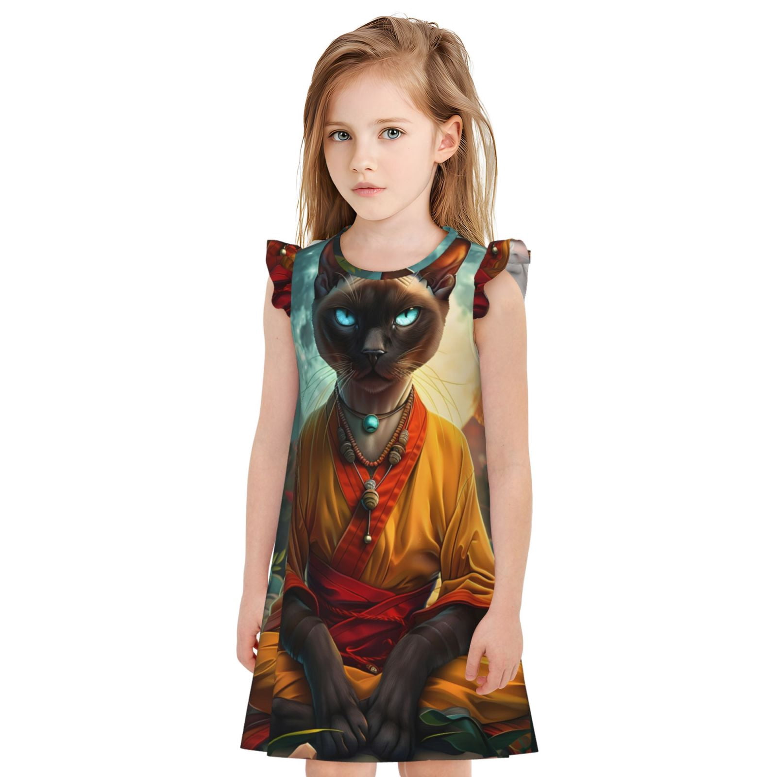 Logiee Moonlit Hairless Cat Monk Print Girls Nightgowns,Casual Dress ...