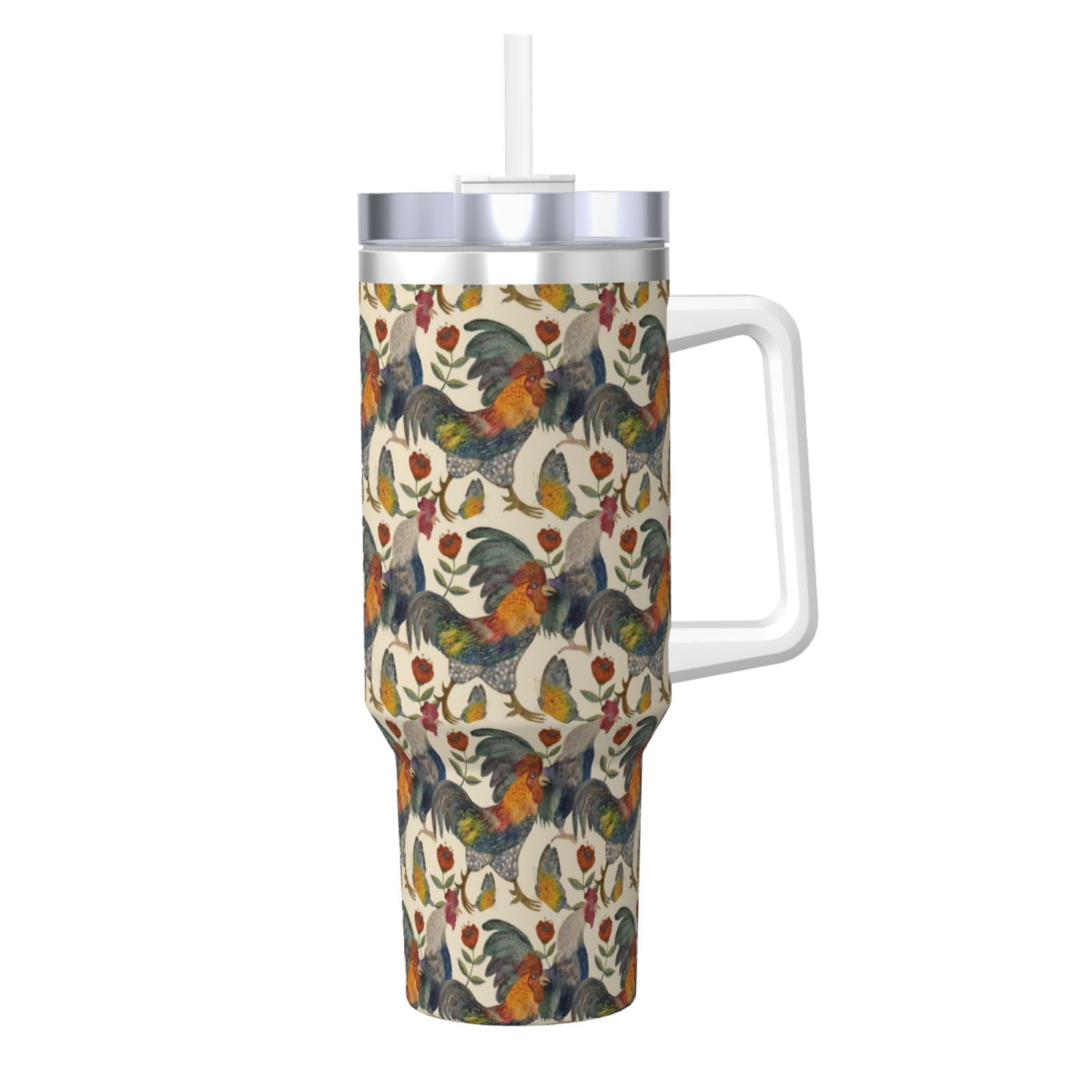 Logiee Multi-Colored Roosters Print 40OZ Ice Bully Cup with Handle and ...