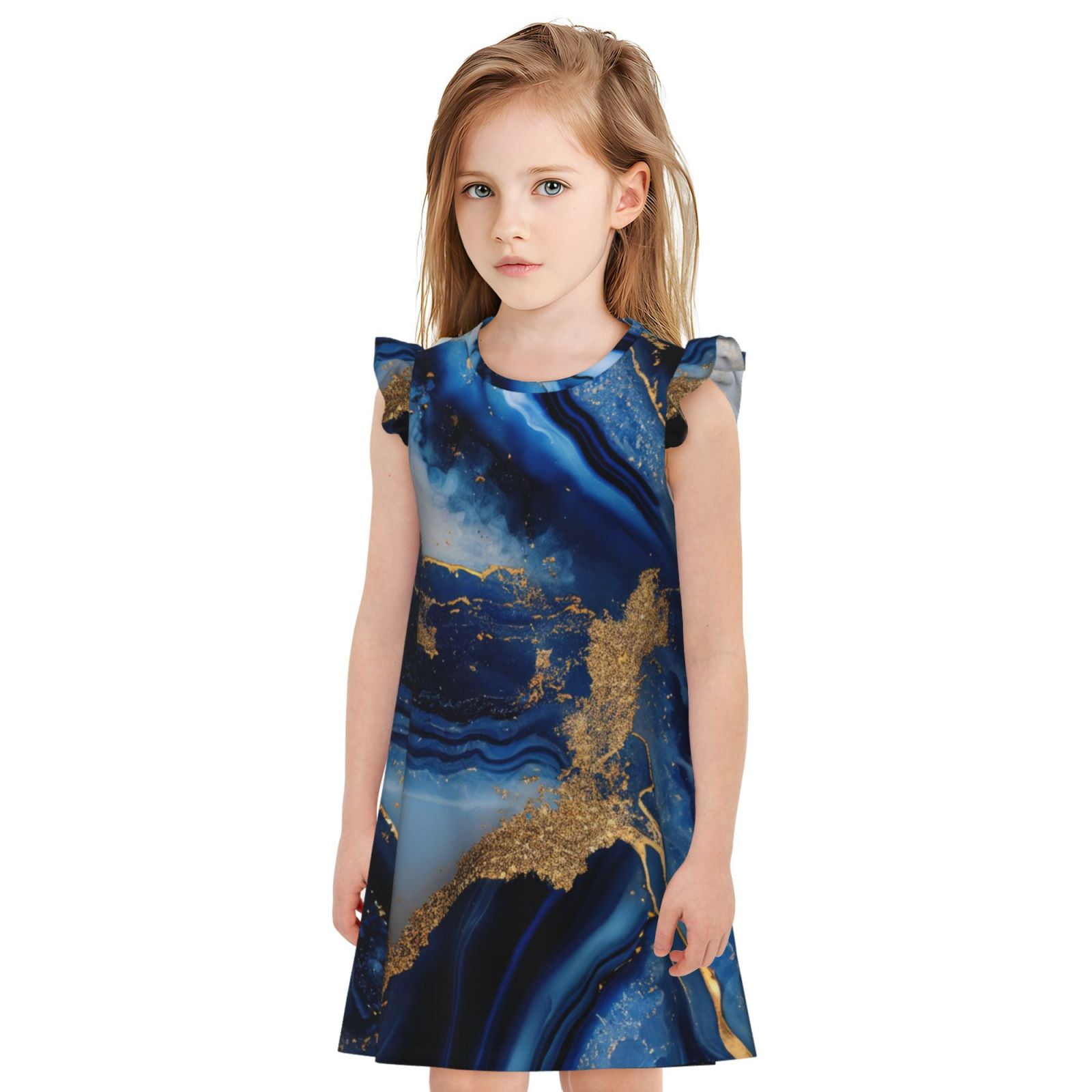 Logiee Navy Blue Marble Print Girls Nightgowns,Casual Dress Flutter,Short Sleeves Nightdress ...