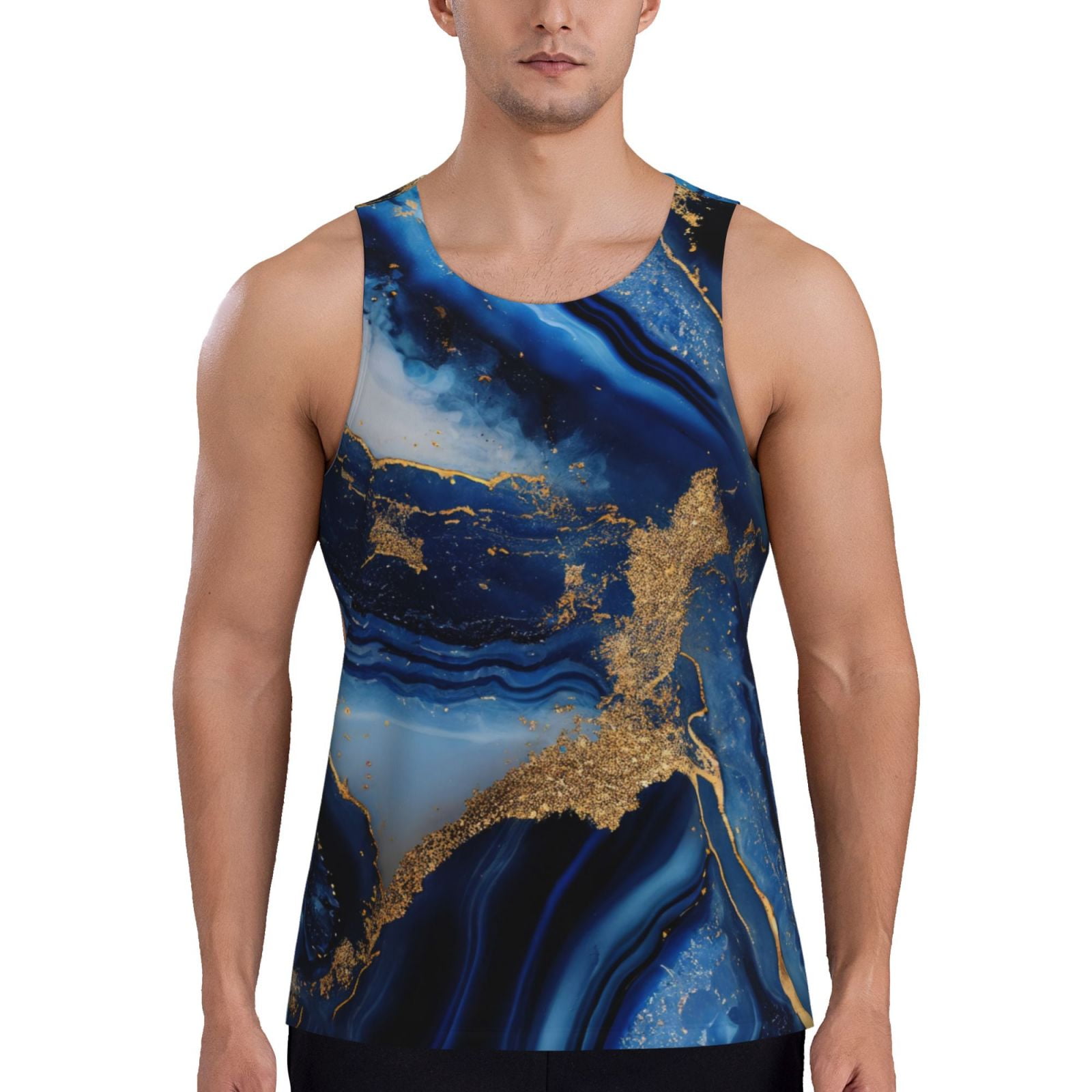 Logiee Navy Blue Marble Print Men's Workout Tank Top,Quick Dry Workout ...