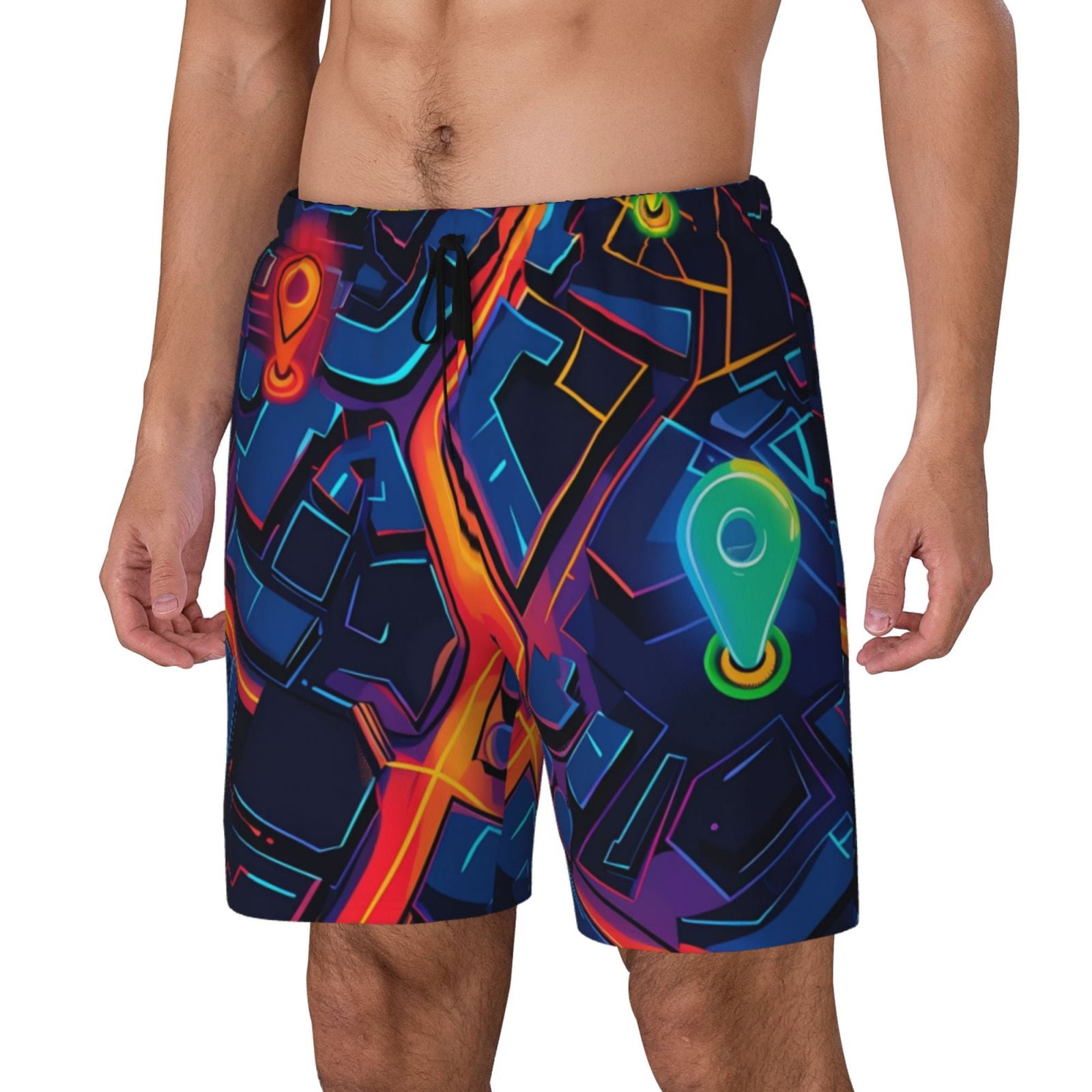 Logiee Neon City Map Print Men's Swim Trunk,Quick Dry Board Shorts ,Men ...
