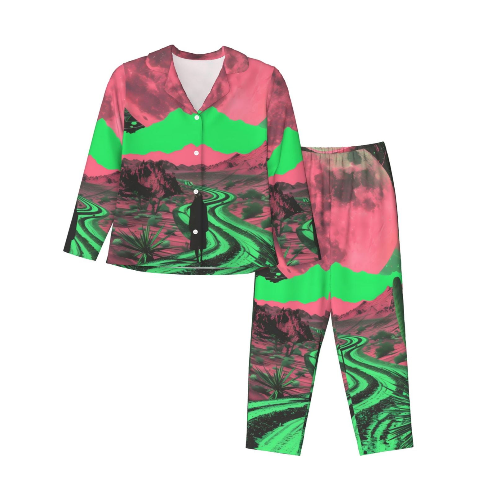 Logiee Neon Desert Moon Print Womens Pajamas Set,Long Sleeve Sleepwear ...