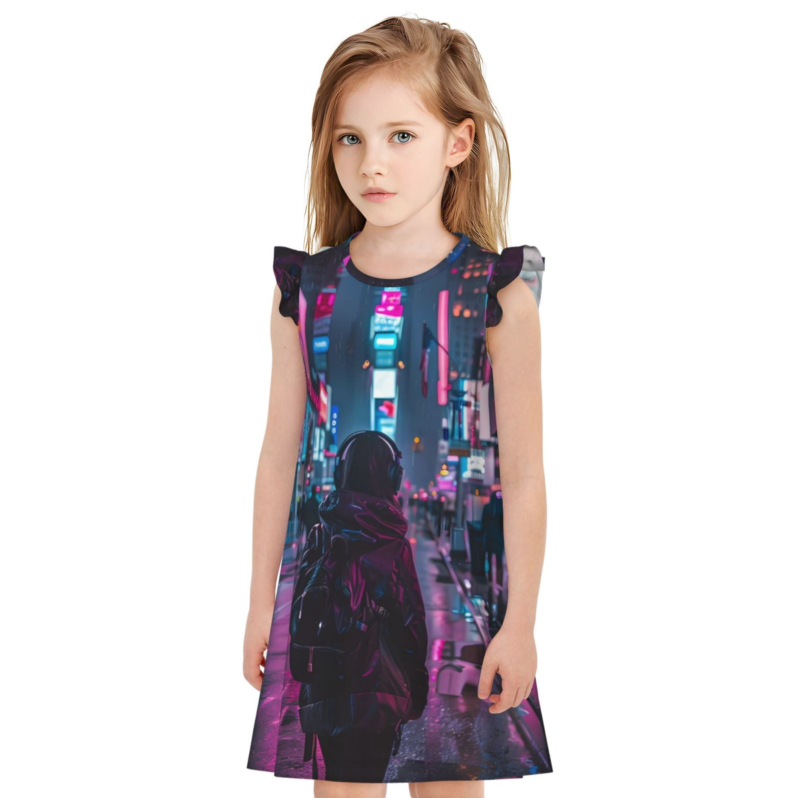 Logiee Neon Night Cityscape Print Girls Nightgowns,Casual Dress Flutter ...