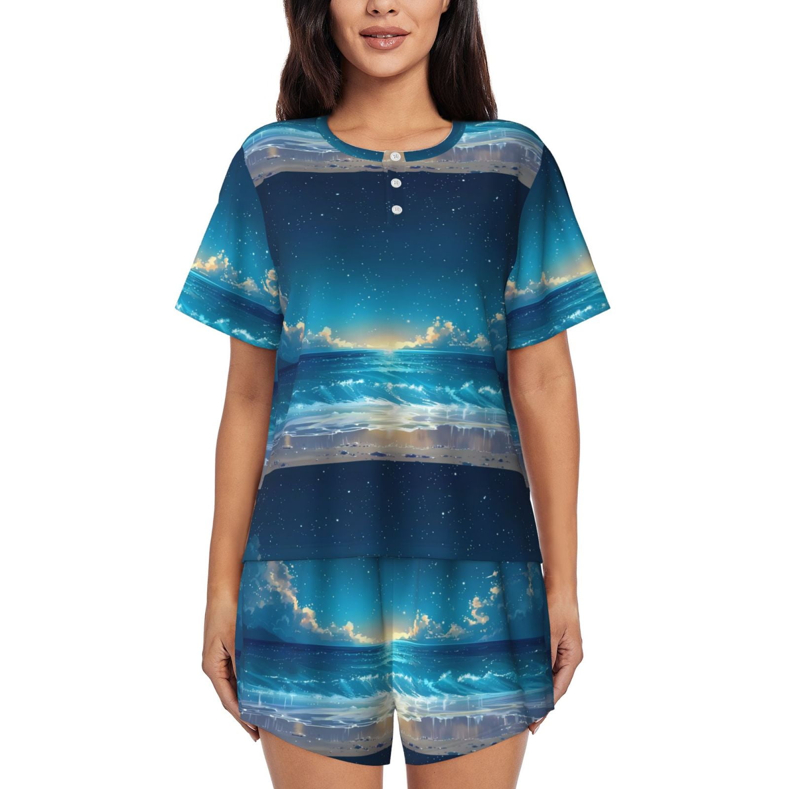 Logiee Night Sky Beach Scene Print Womens Pajamas Set,Short-Sleeve ...
