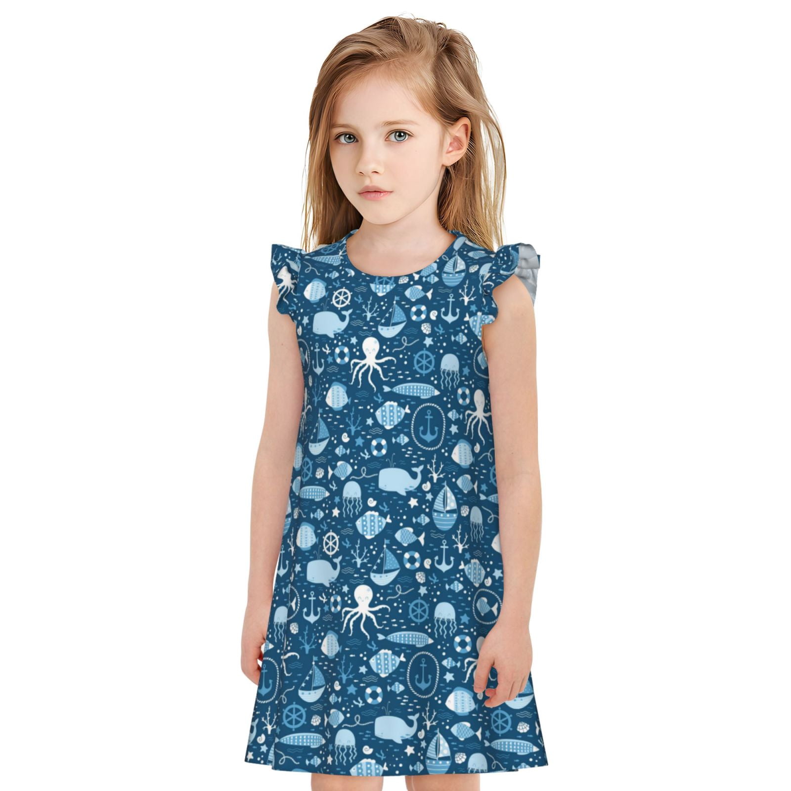 Logiee Octopus And Whale Print Girls Nightgowns,Casual Dress Flutter ...