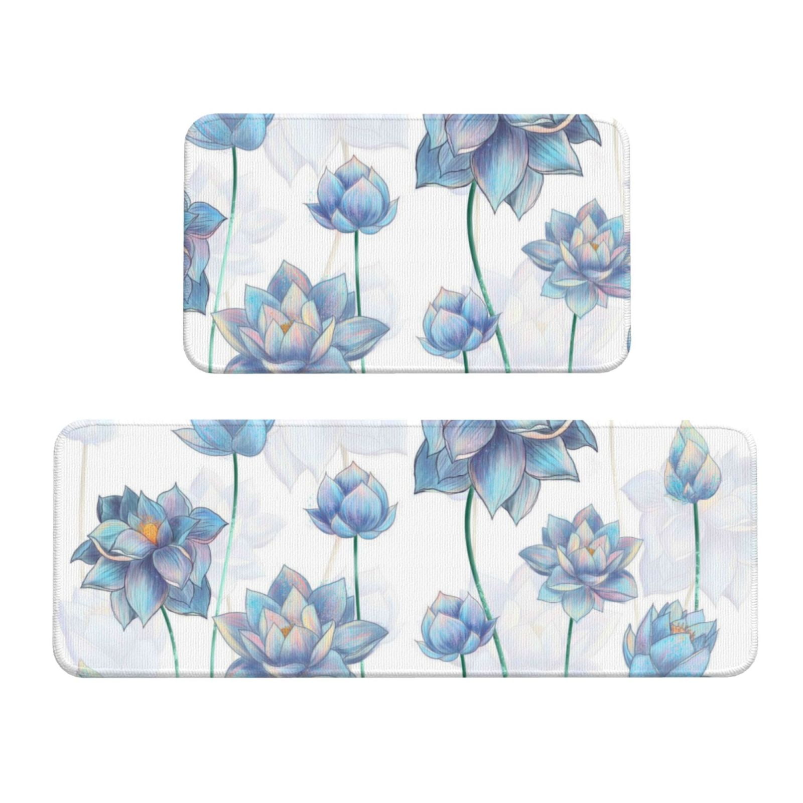 Logiee Pale Blue Lotus Flowers Print Kitchen Mats for Floor Sets of 2 ...