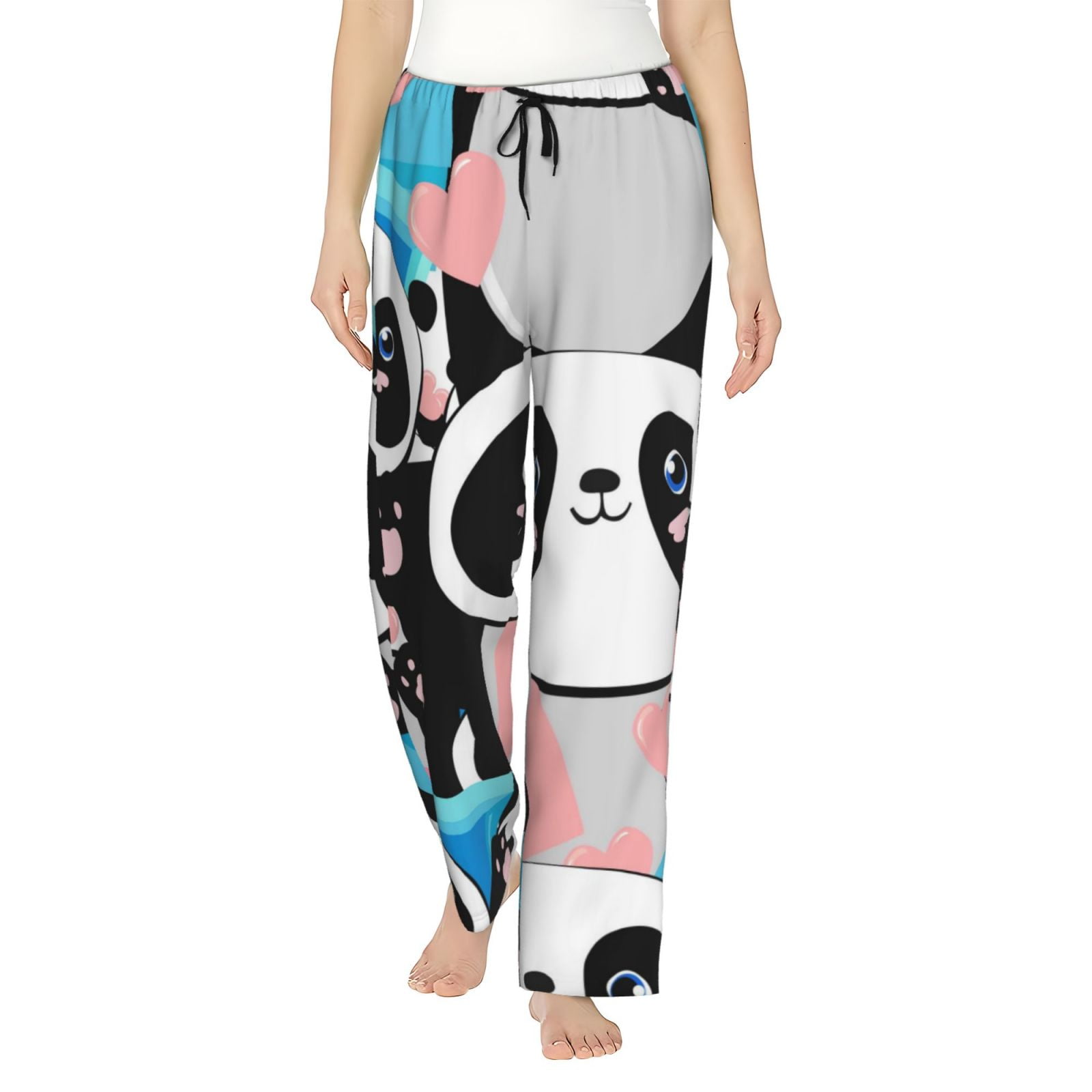 Logiee Panda Cute Pink Hearts Print Women Pajama Pants,Comfy Pj Bottom ...