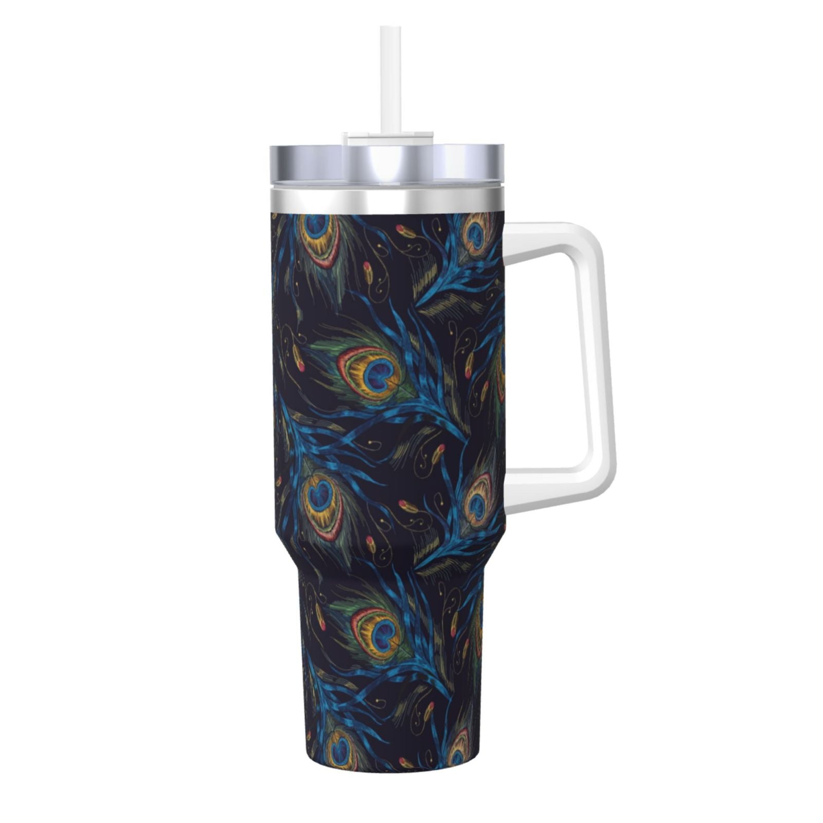 Logiee Peacock Feathers Print 40OZ Ice Bully Cup with Handle and Straw ...