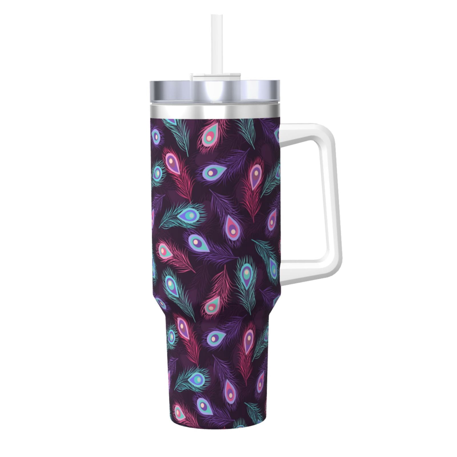 Logiee Peacock Feathers3 Print 40OZ Ice Bully Cup with Handle and Straw ...