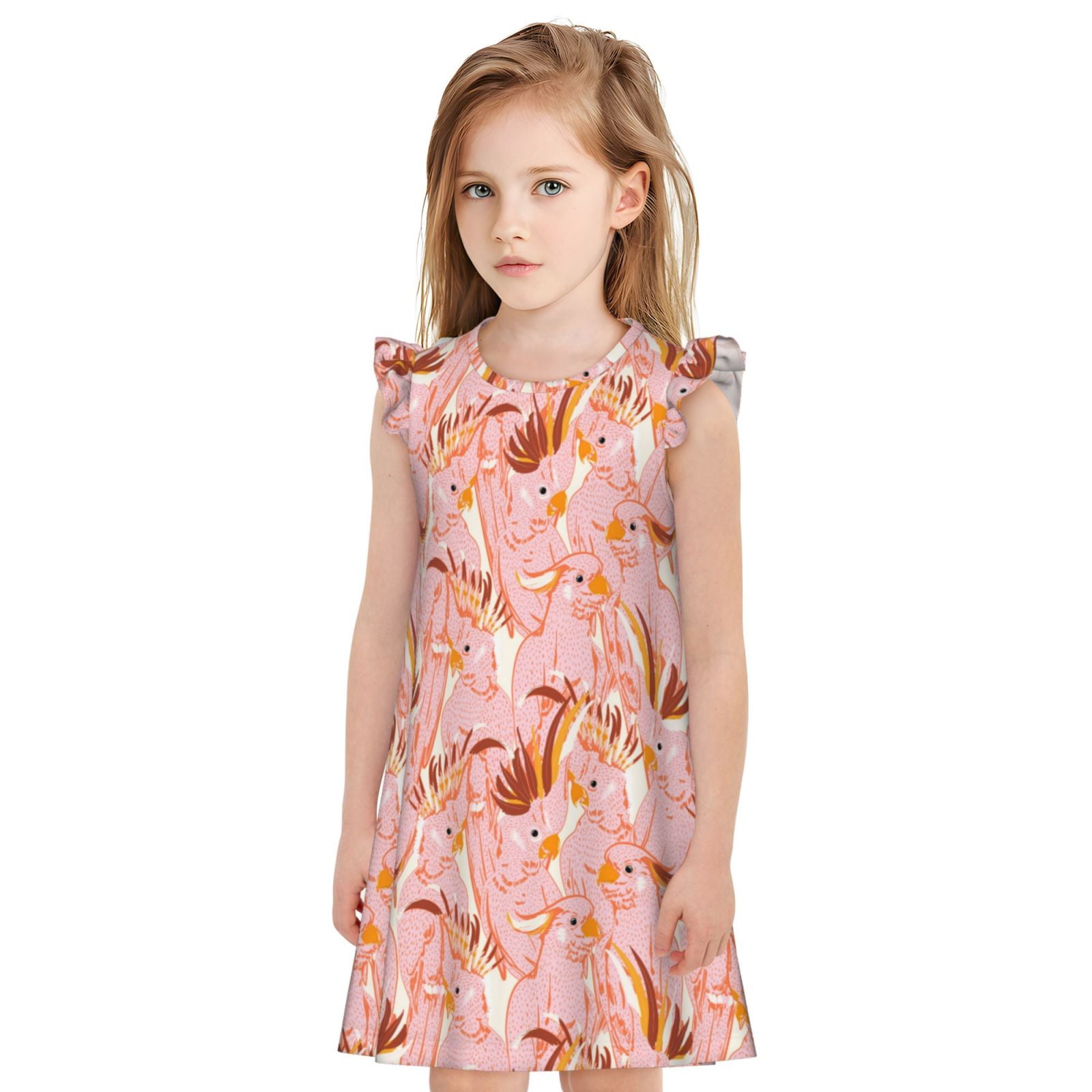 Logiee Pink Cockatoo Birds Print Girls Nightgowns,Casual Dress Flutter ...